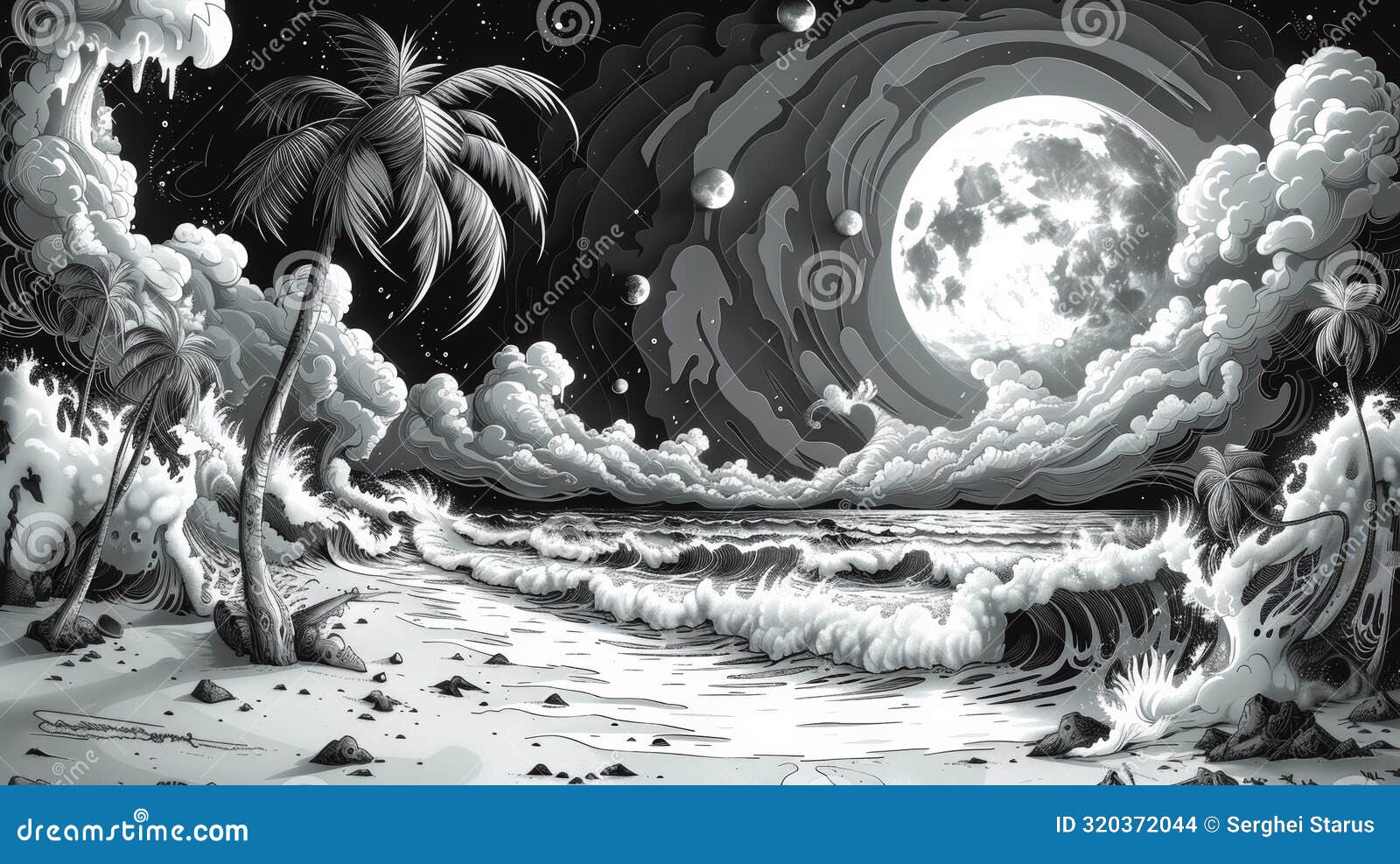 A Black and White Painting of a Full Moon Over the Ocean, AI Stock ...