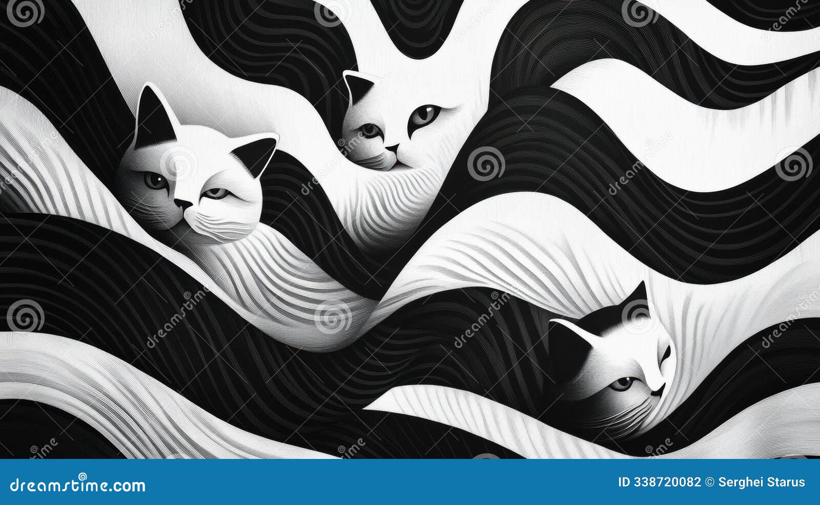 A Black and White Painting of Three Cats in a Wave Pattern, AI Stock ...