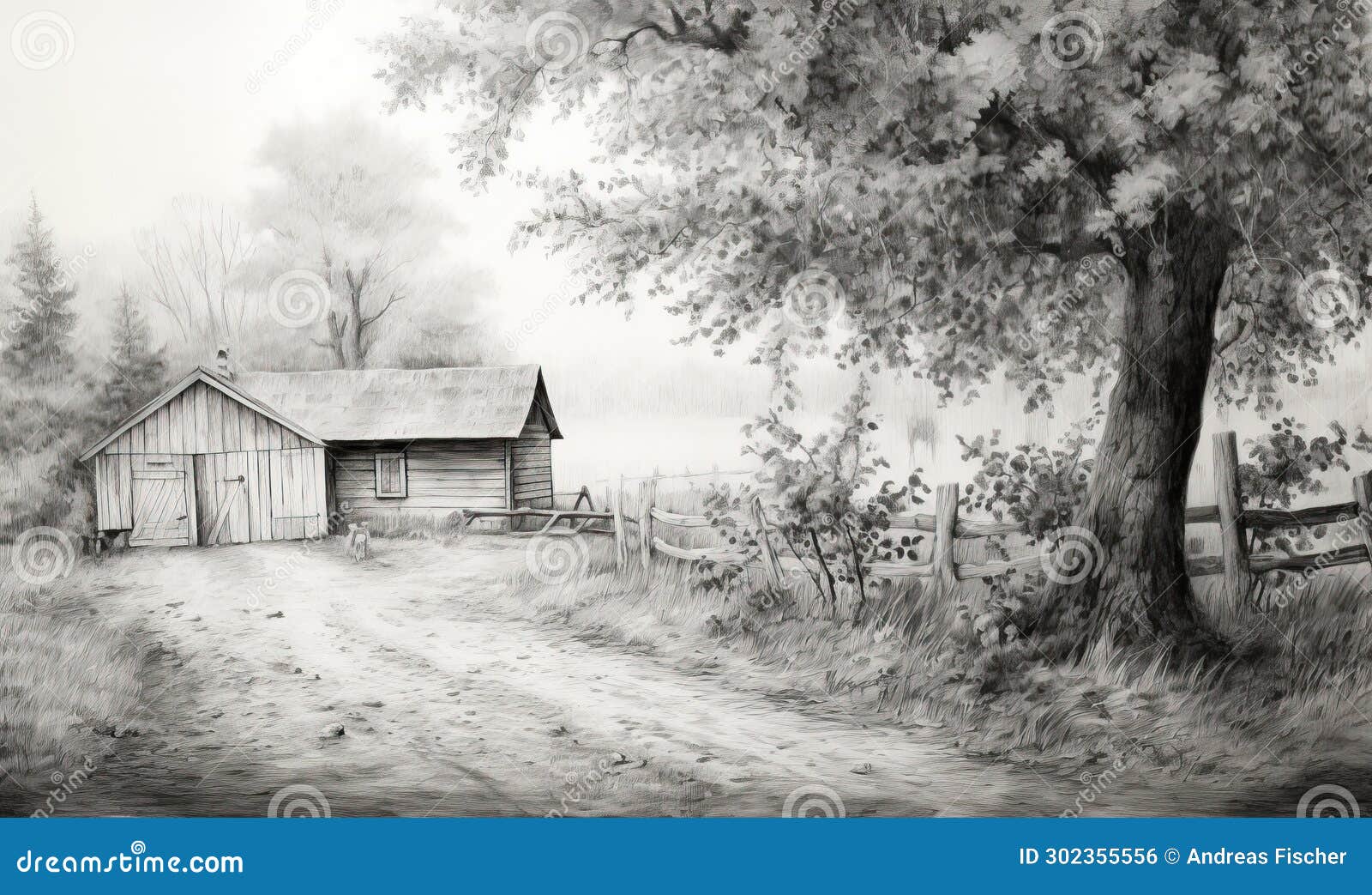 Black and White Pencil Drawing of a Natural Landscape. Stock Photo ...