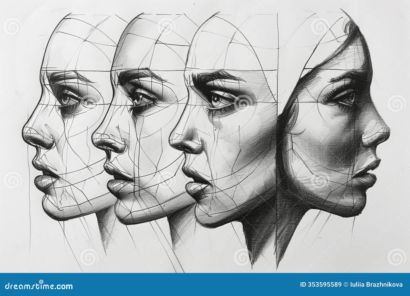 Black and White Pencil Drawing of Three Faces with Different ...