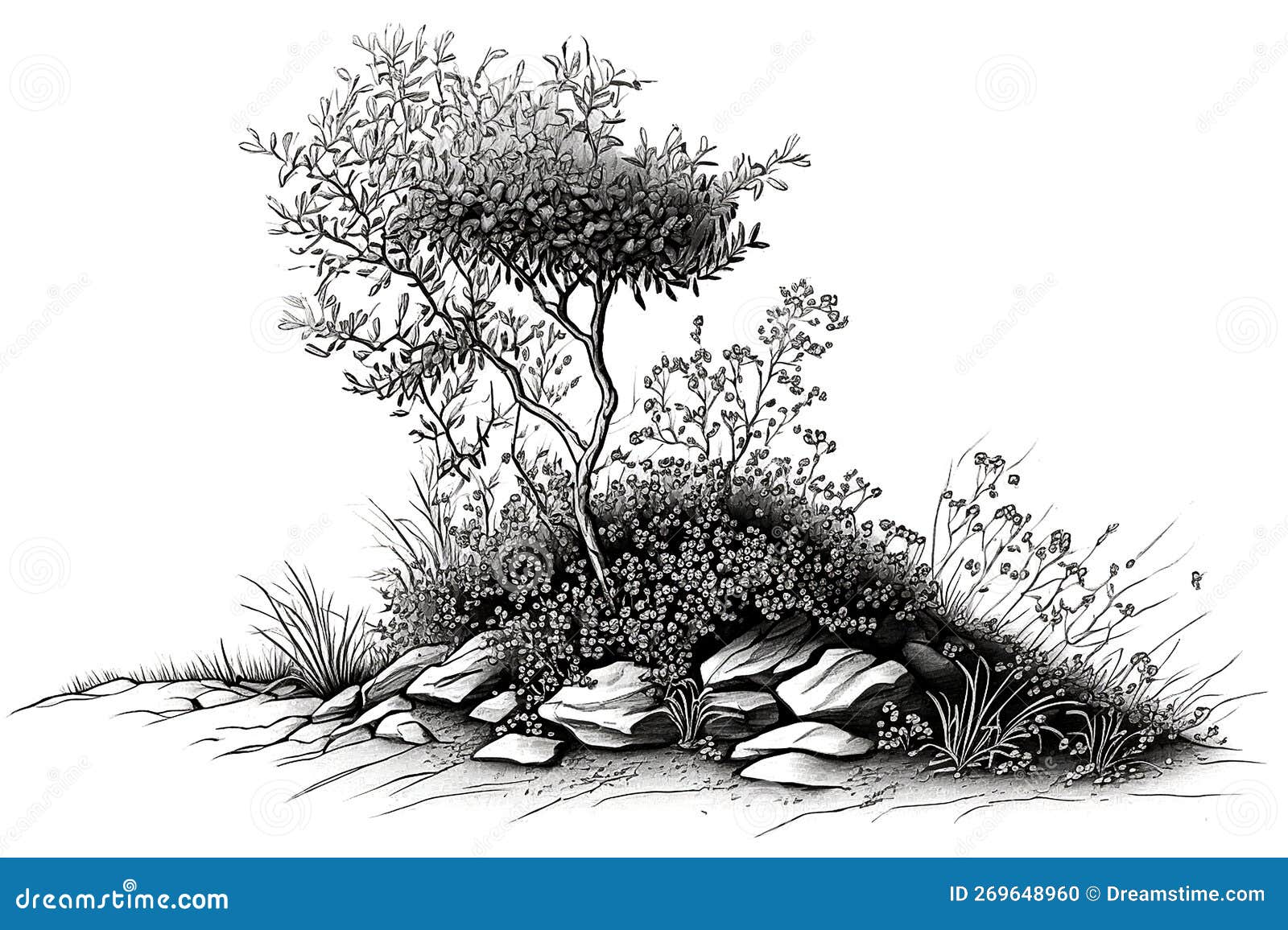 Black and White Pencil Drawing of a Tree in the Bush Stock Illustration ...