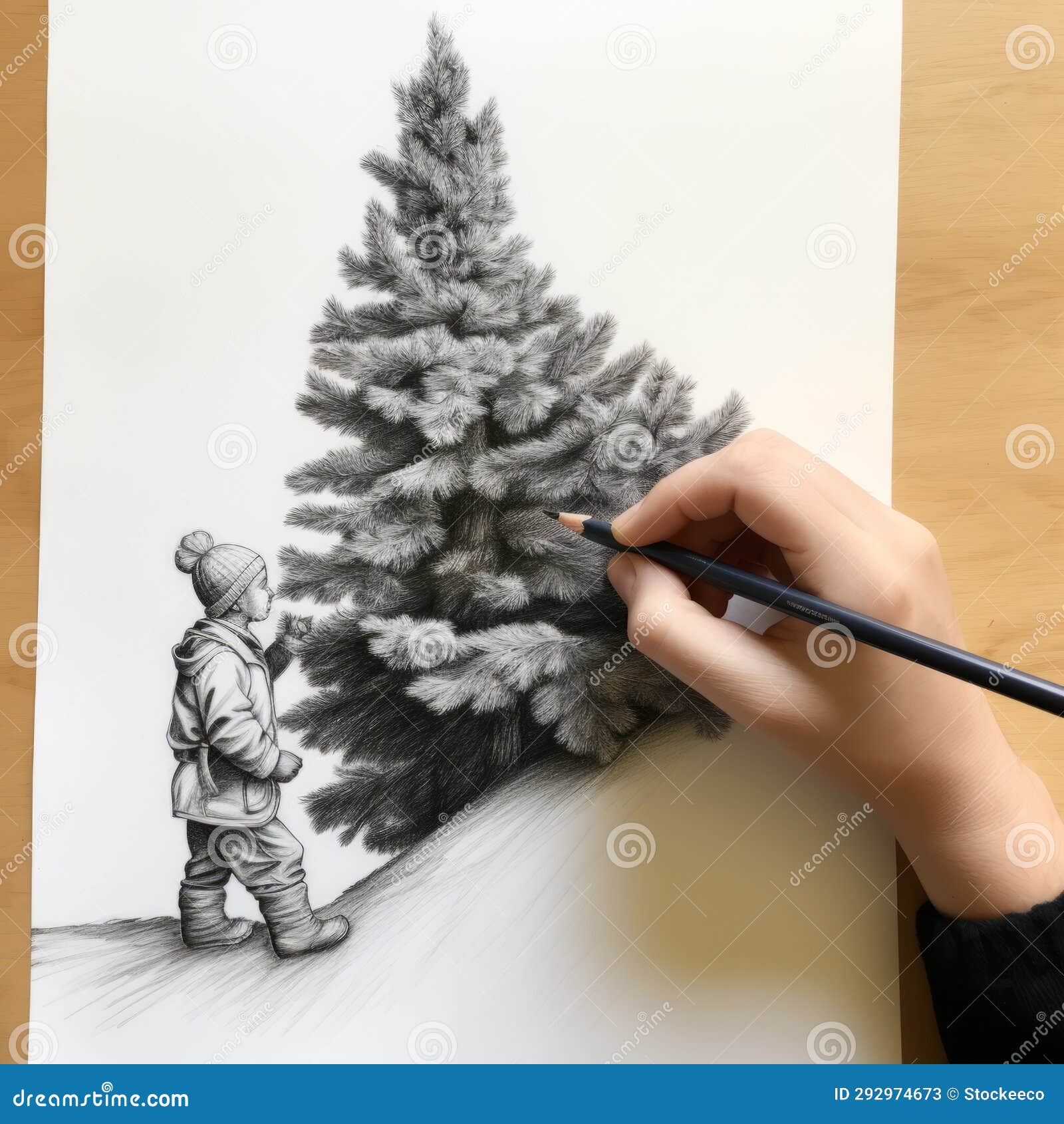 Hyperrealistic Illustration of an Infant Drawing a Cedar Tree Stock ...