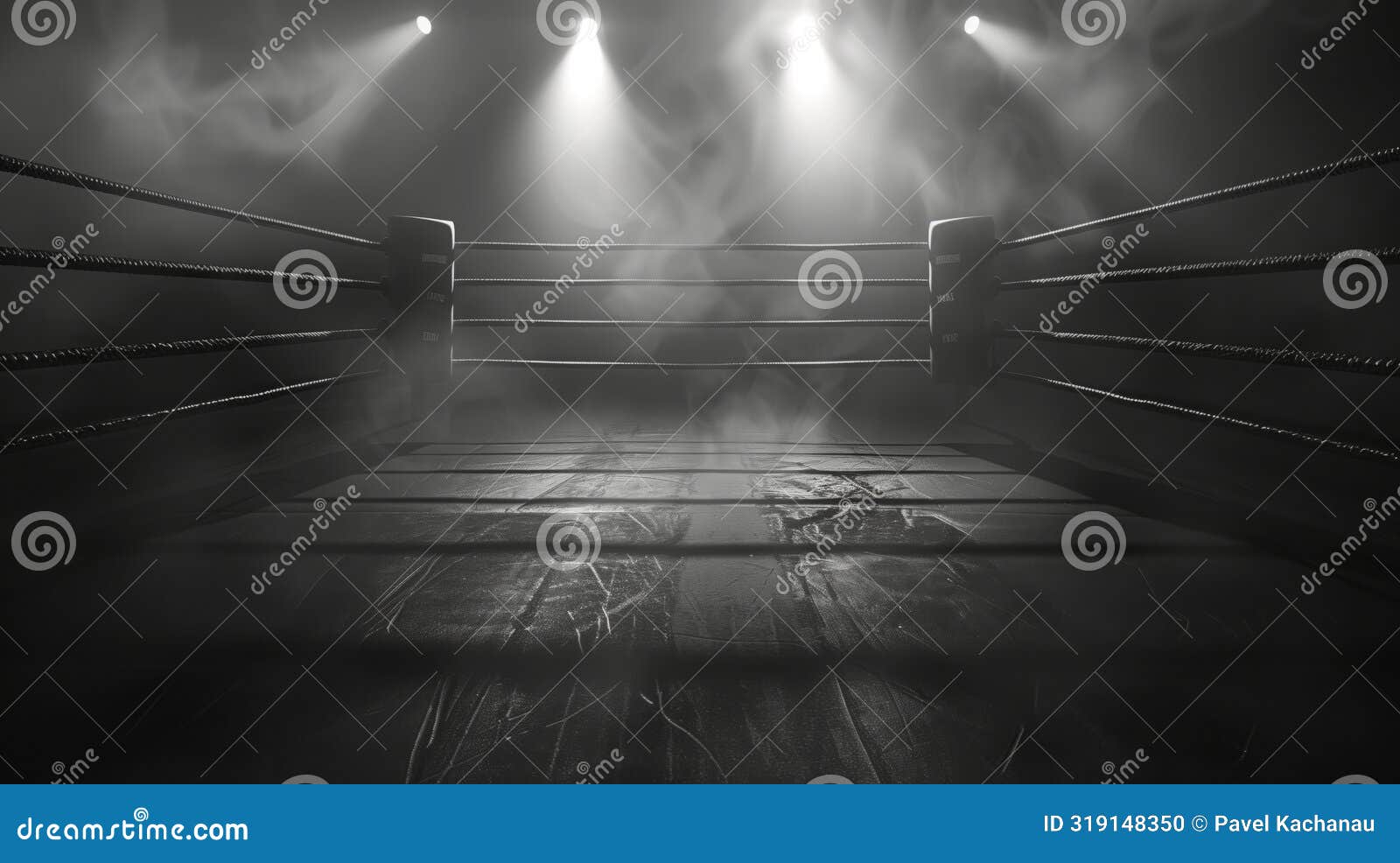 A Black and White Photo of a Boxing Ring with Ropes and Corner Posts ...