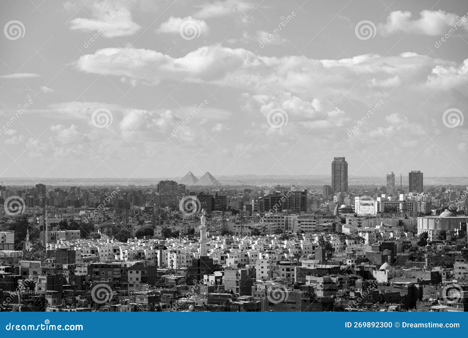 Black and White Photo of the Cairo Skyline with the Pyramids Stock ...