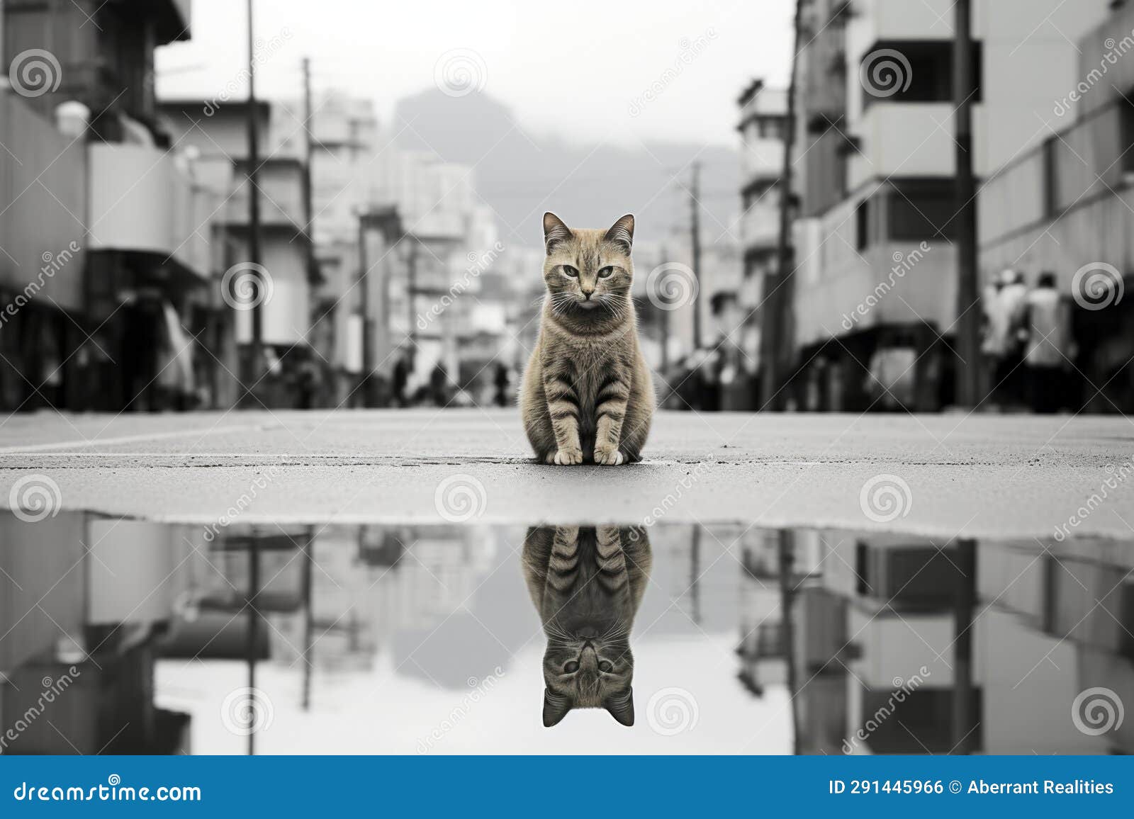 Black and White Photo of a Cat Sitting in the Middle of a Puddle Stock ...