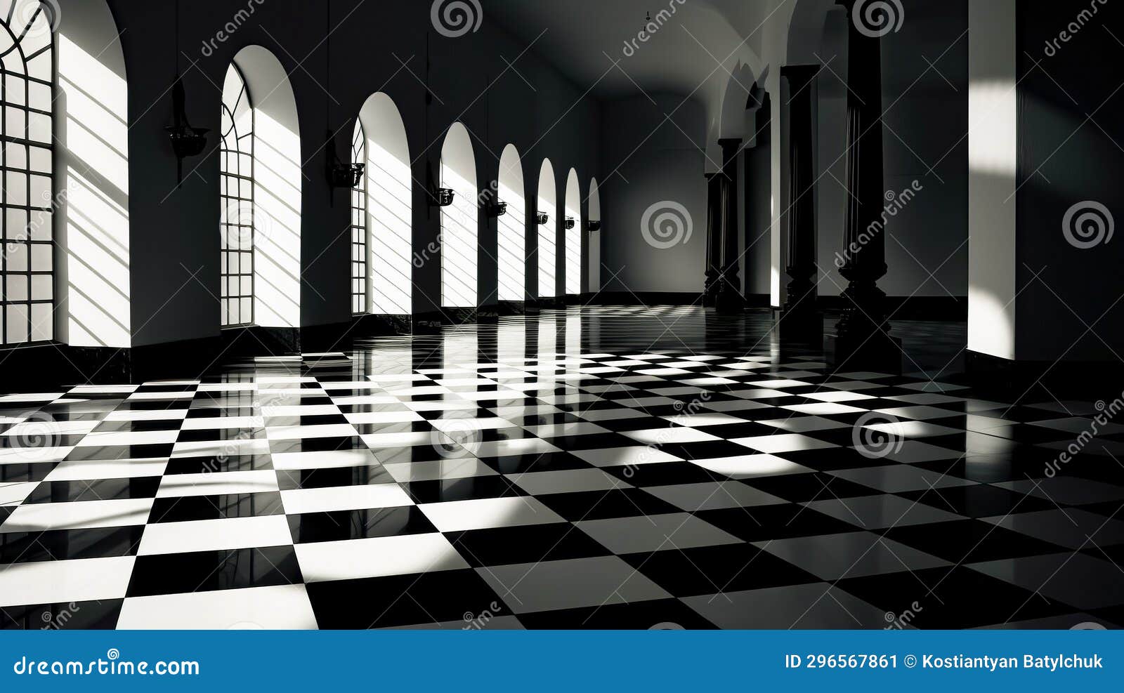 Black and White Photo of Checkered Floor in Building with Arched ...