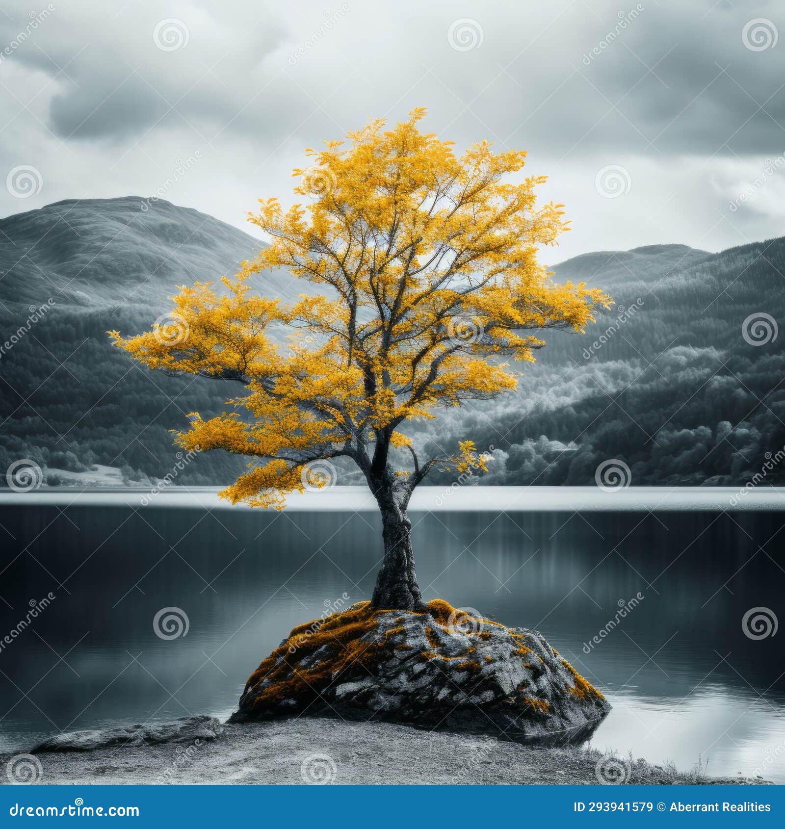 Black and White Photo of a Lone Tree on a Rock by a Lake Stock ...