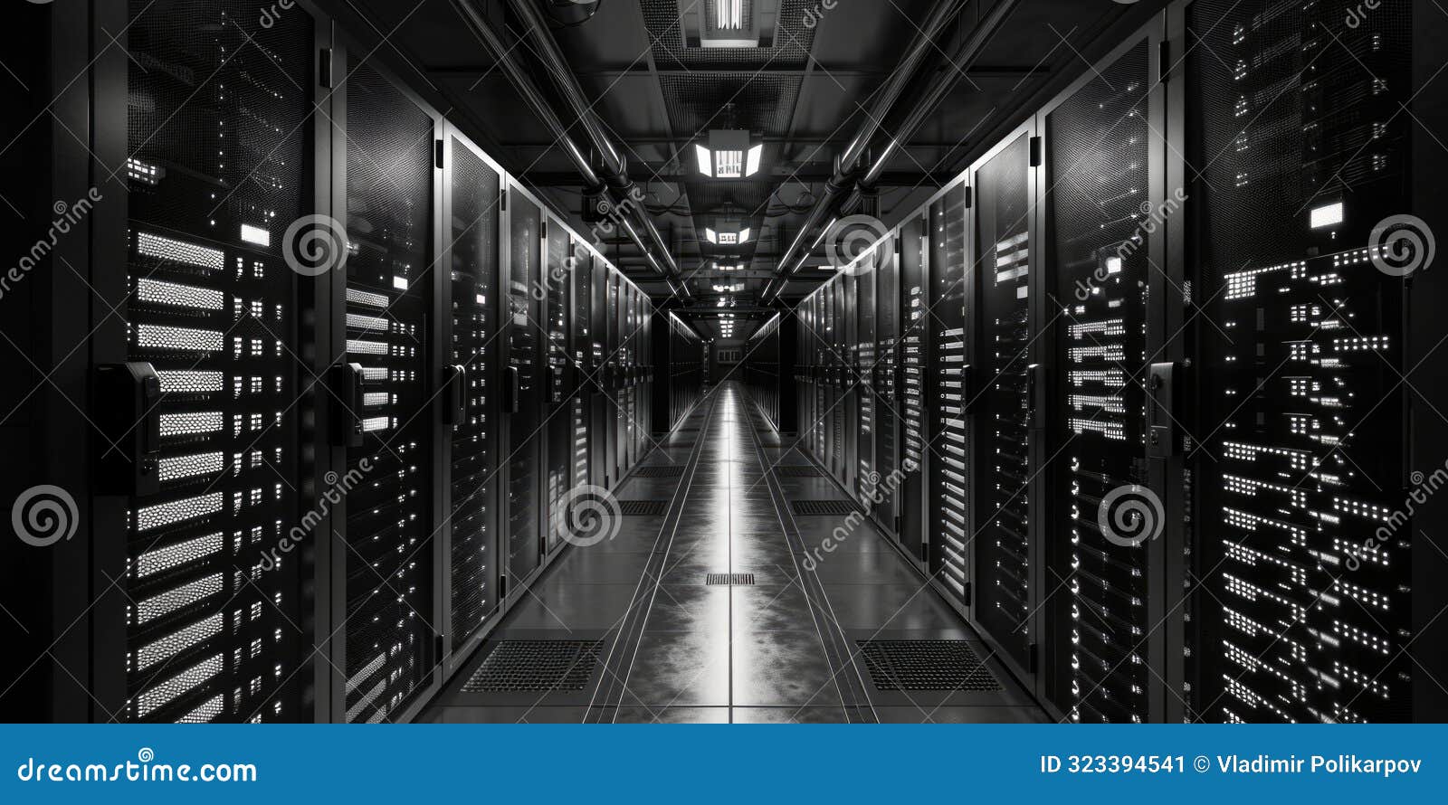 A Black and White Photo of a Server Room Interior with Rows of Computer ...