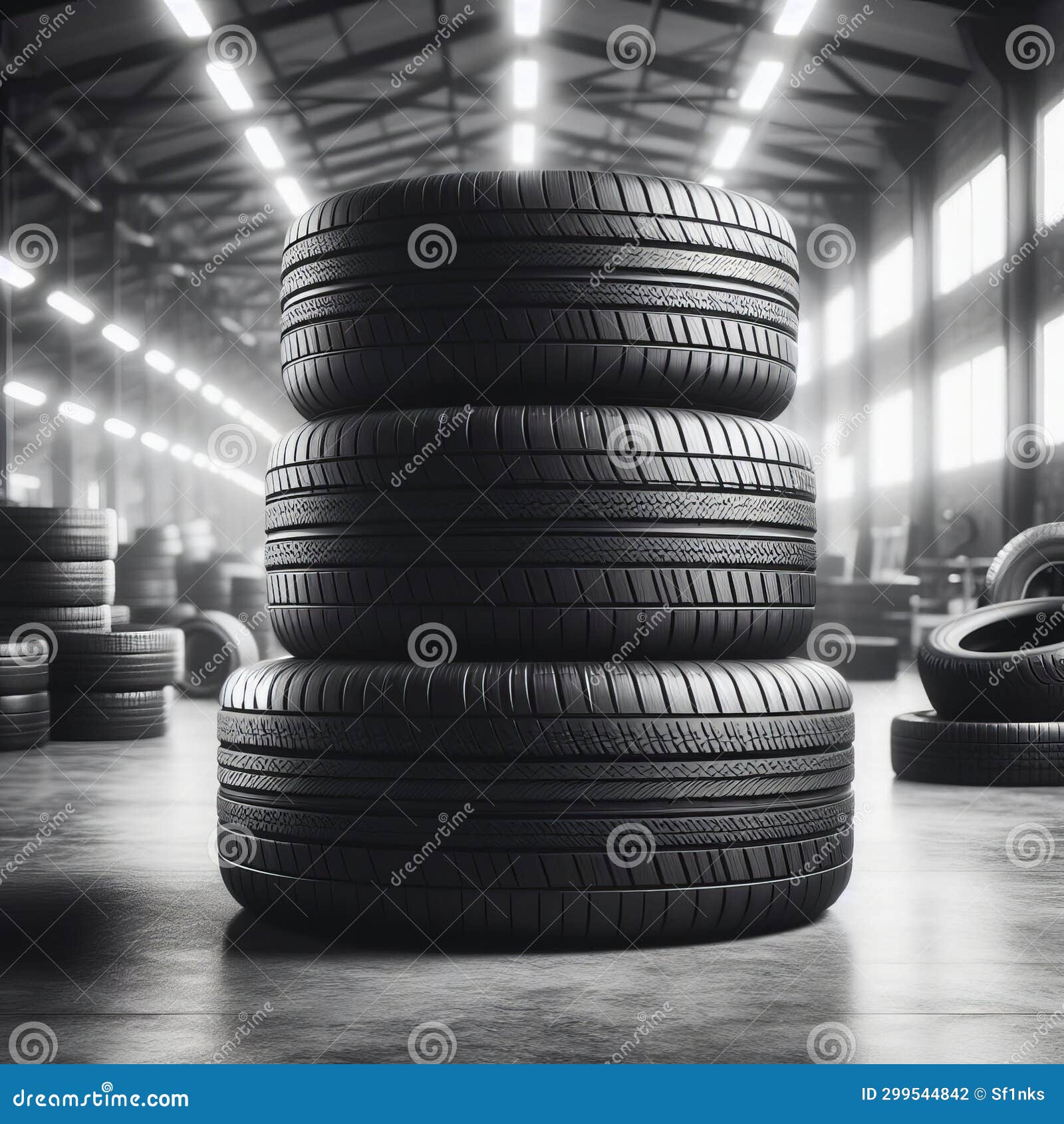 A Black and White Photo Showcasing a Pyramid Stack of Tires in an ...