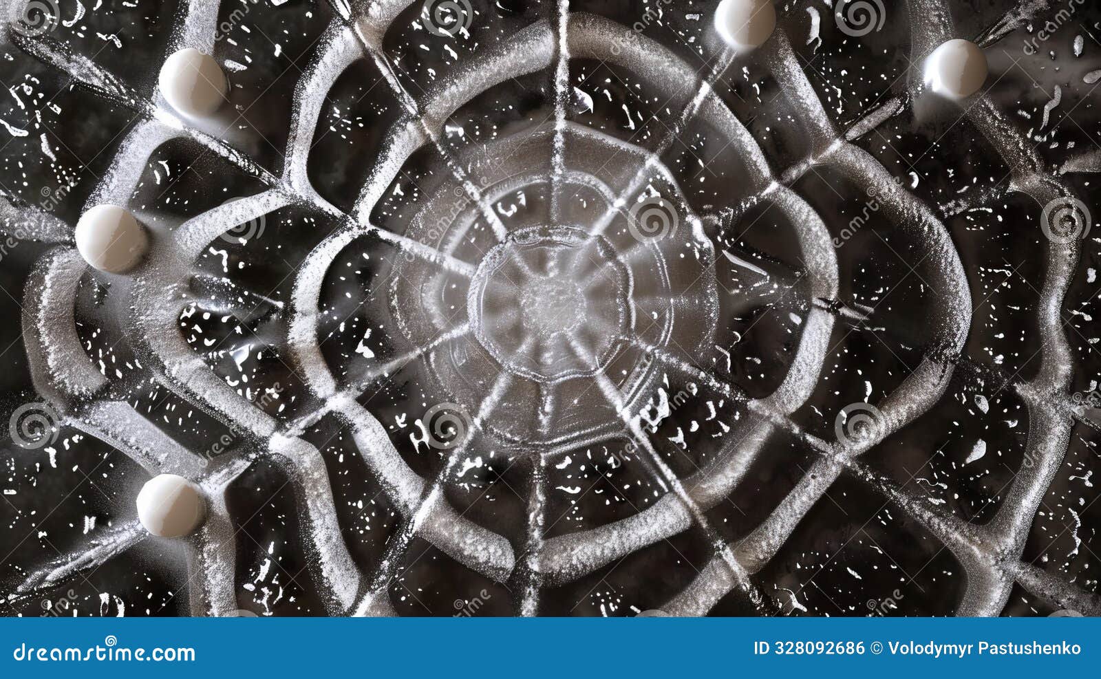 A Black and White Photo of a Spider Web with White Balls on it Stock ...