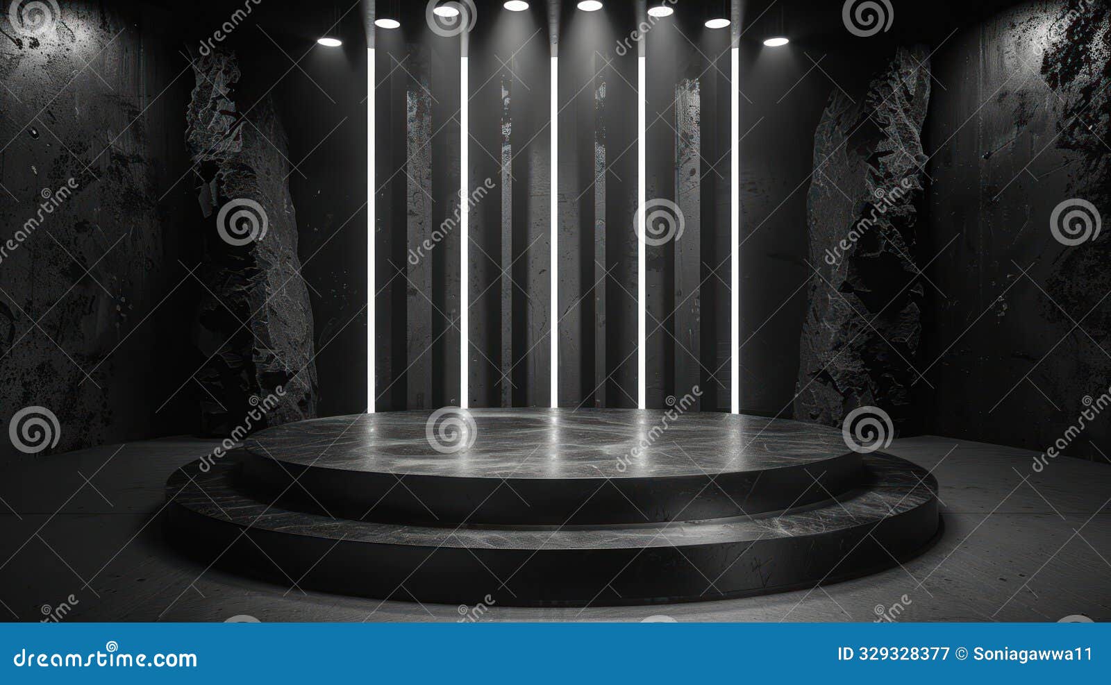 A Black and White Photo of a Stage with a Spotlight on it Stock ...
