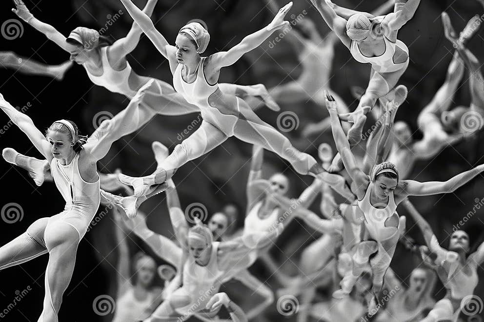 A Black and White Photo of a Synchronized Gymnastics Routine Featuring ...