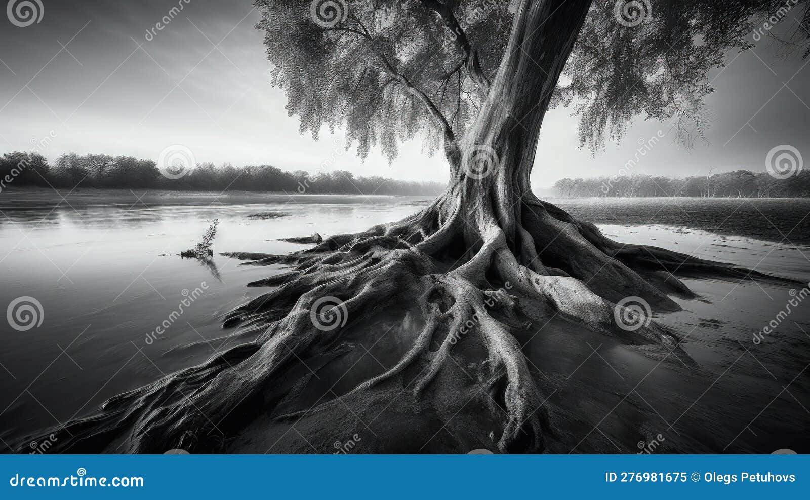 A Black and White Photo of a Tree with Its Roots Exposed Stock ...