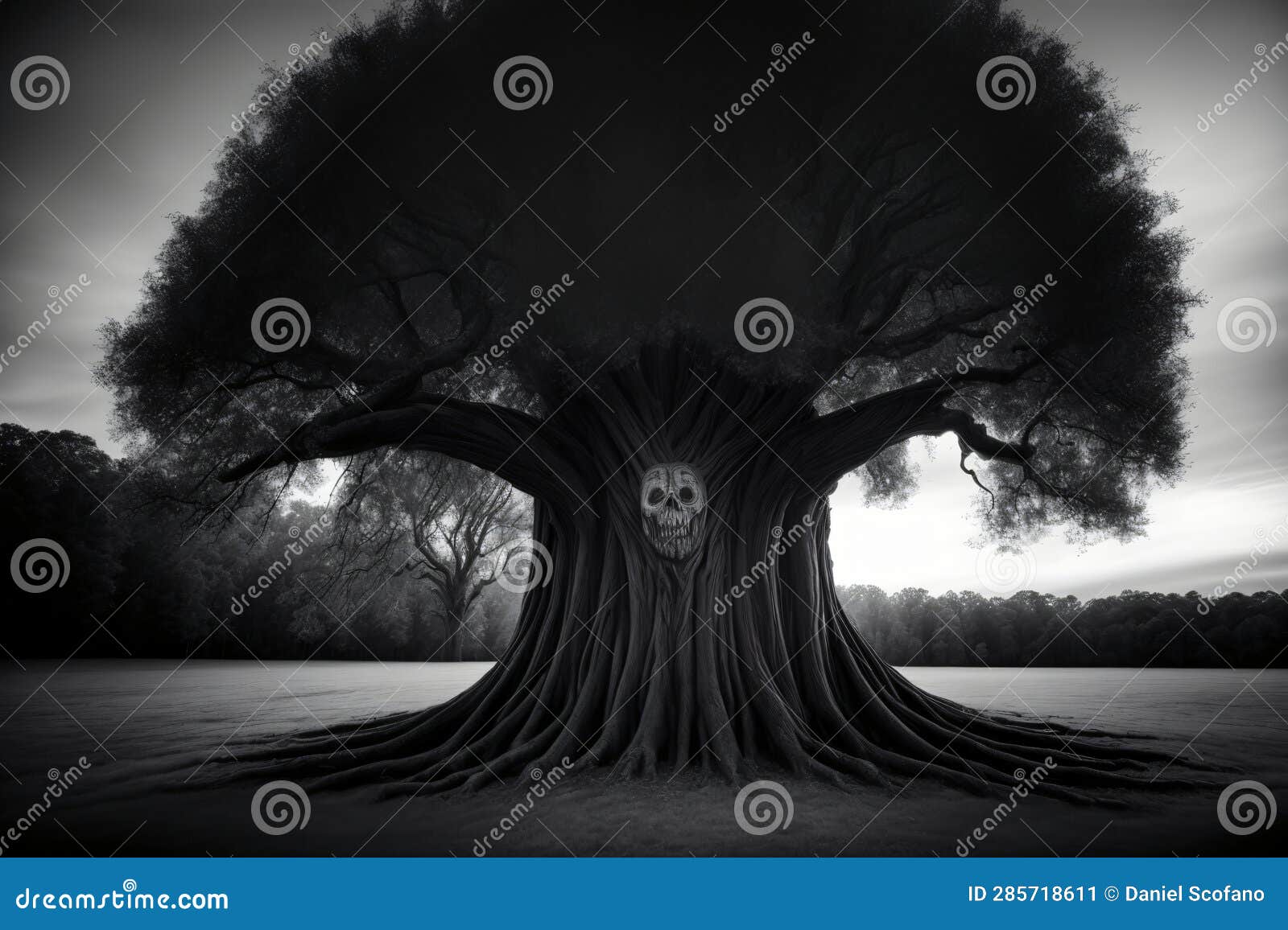 A Black and White Photo of a Tree with a Skull Face on it. Generative ...