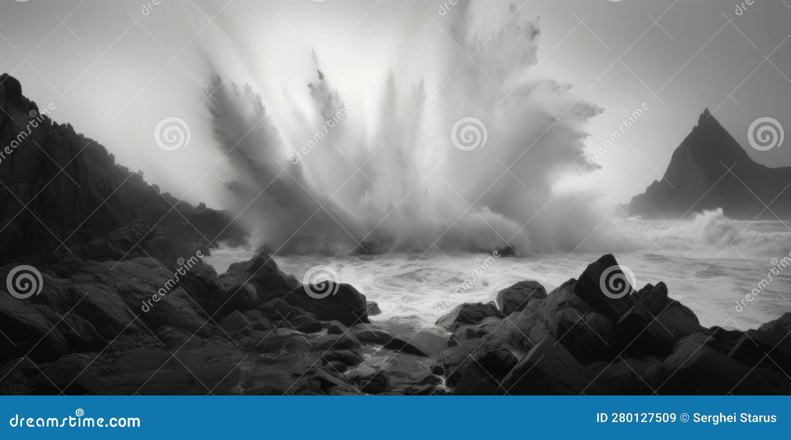 A Black and White Photo of a Wave Crashing Over Rocks. Generative AI Image. Stock Image - Image ...