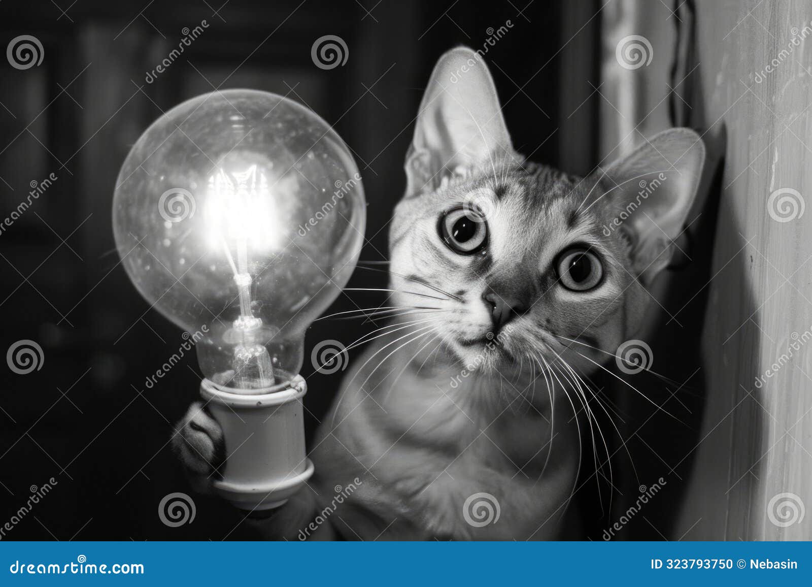 A Black and White Photograph of a Cat Looking Intently at a Lit Light ...
