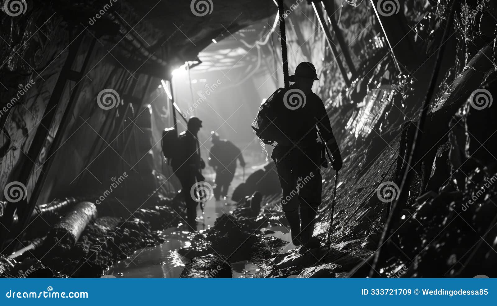 Black and White Photograph of Silhouettes of Miners Walking Inside a ...