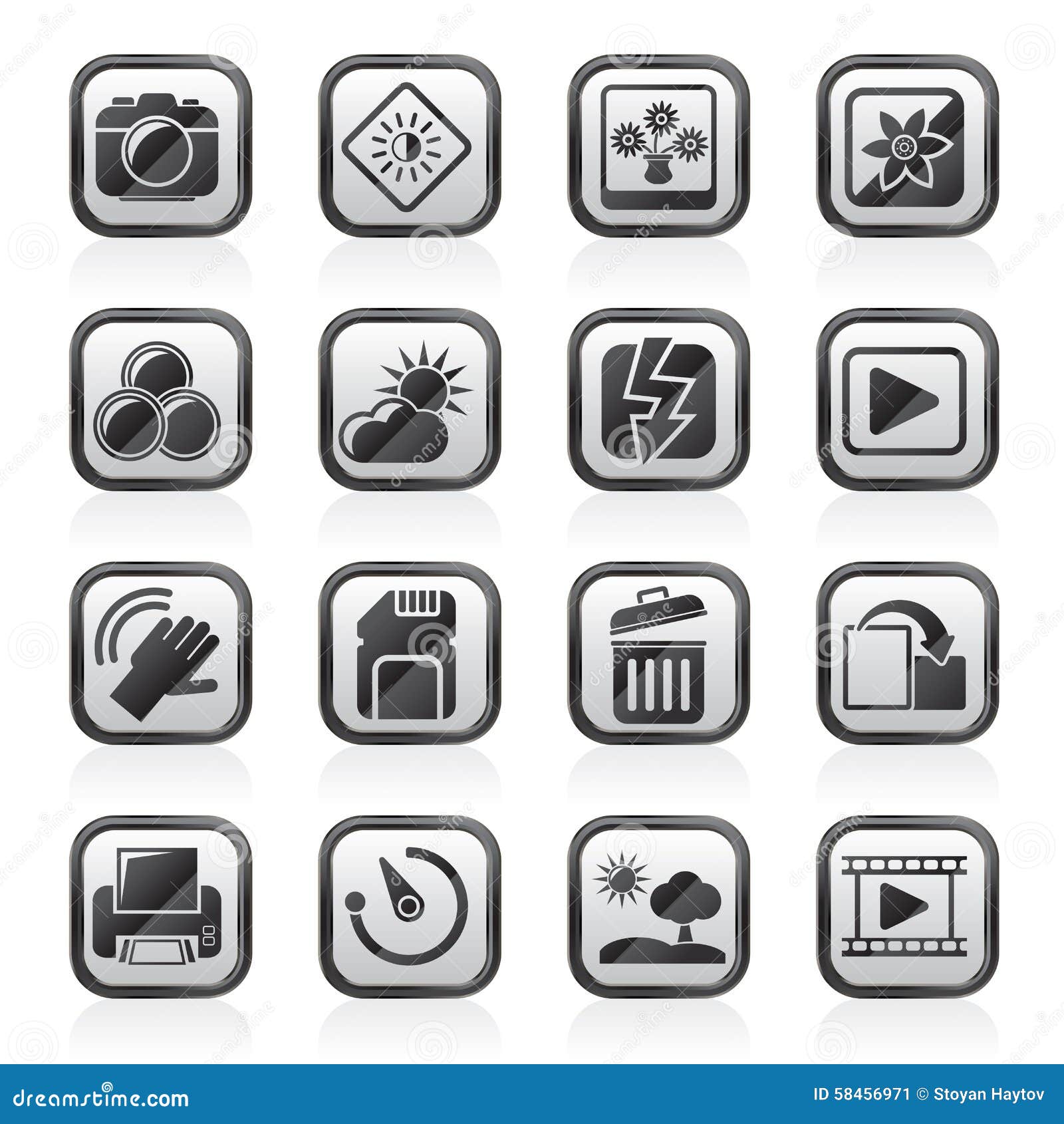 Black an White Photography and Camera Function Icons Stock Vector ...