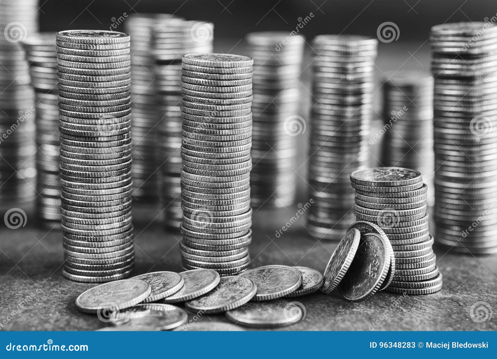 Black and White Picture of Coins Stacks Stock Image - Image of close ...