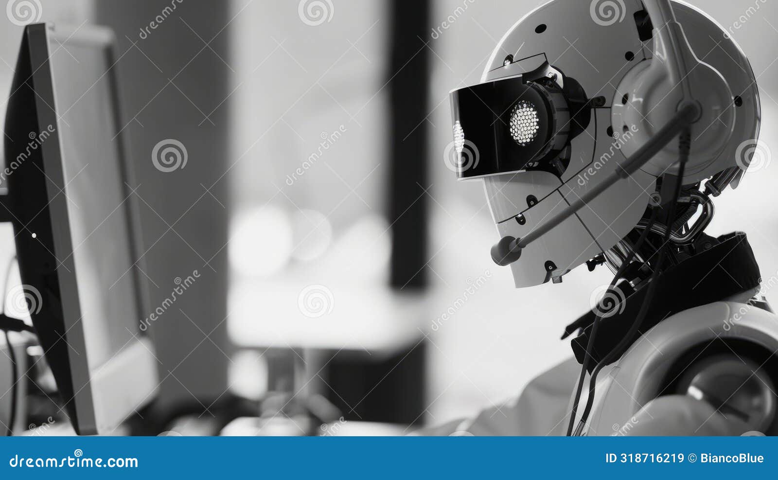 The Black and White Robot Working As Call Center Assistant Help ...