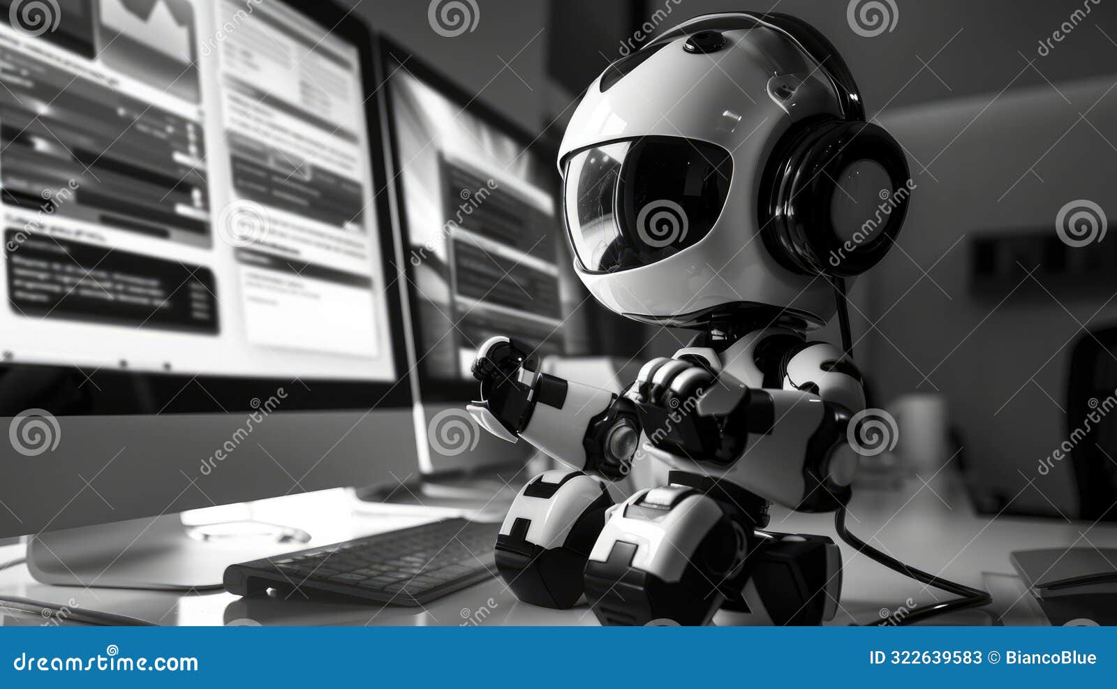 The Black and White Robot Working As Call Center Assistant Help ...