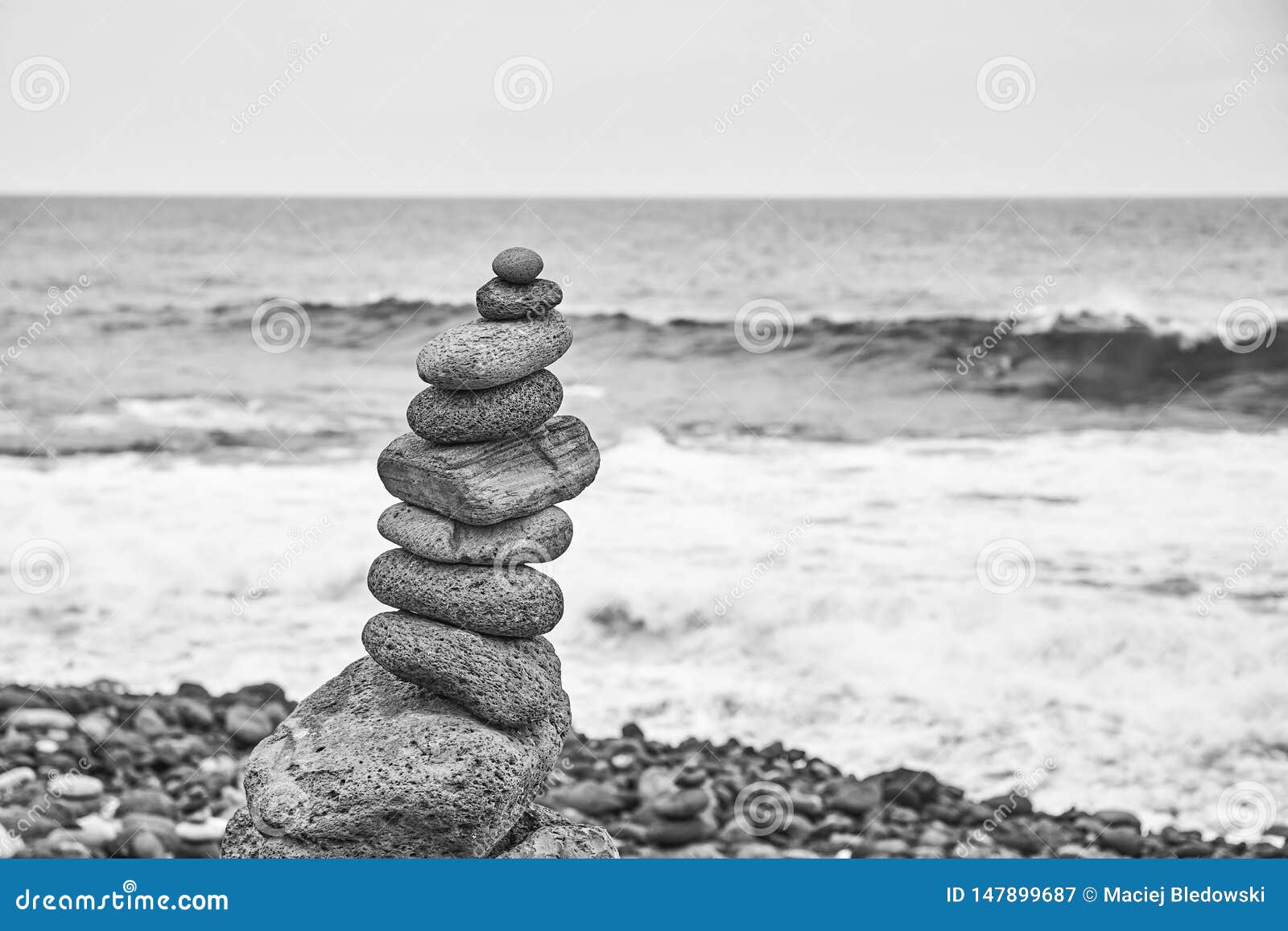 Black and White Picture of a Stone Stack on a Beach Stock Image - Image ...