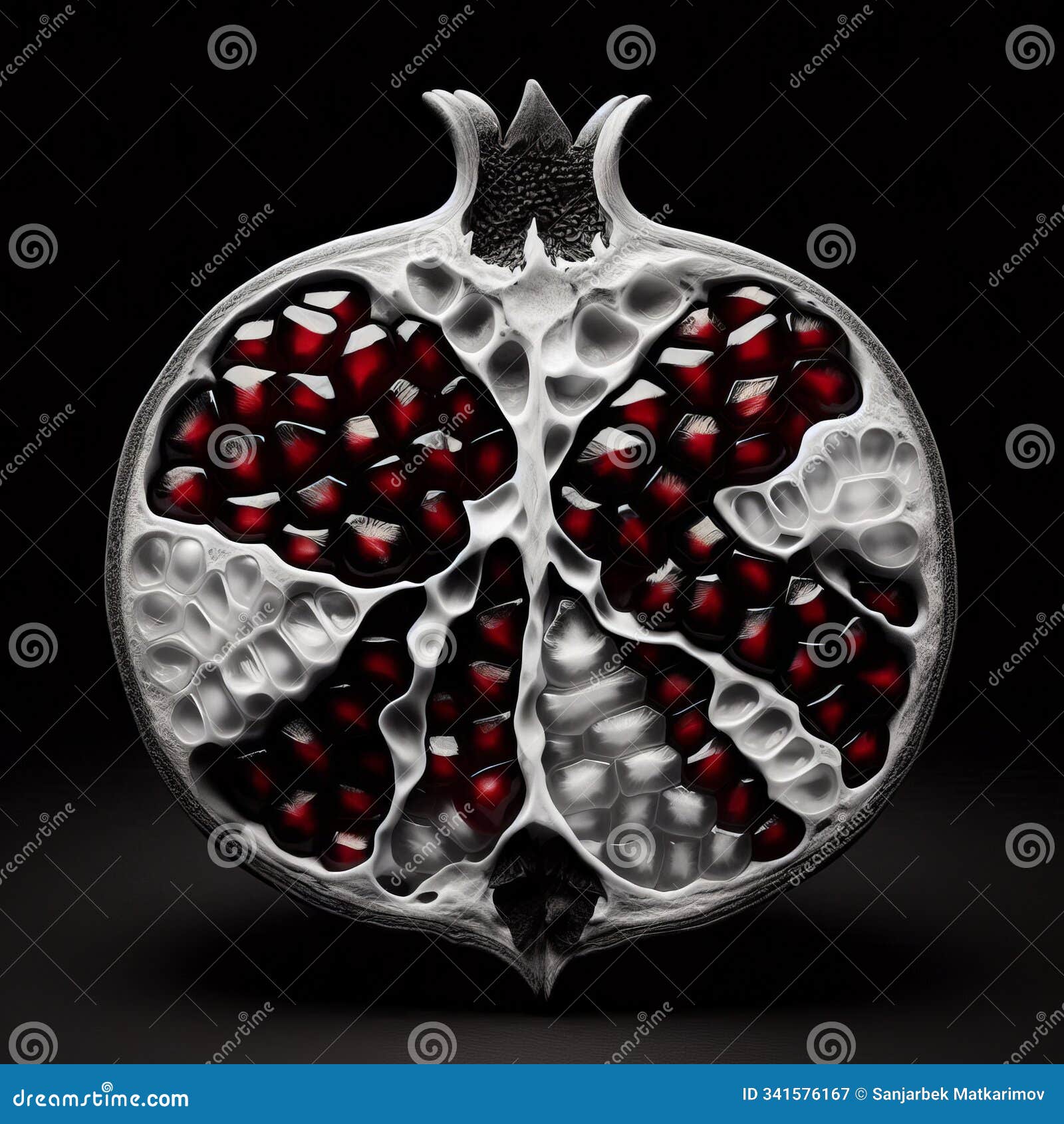 Black and White Pomegranate Cross Section Revealing Ruby Red See Stock ...