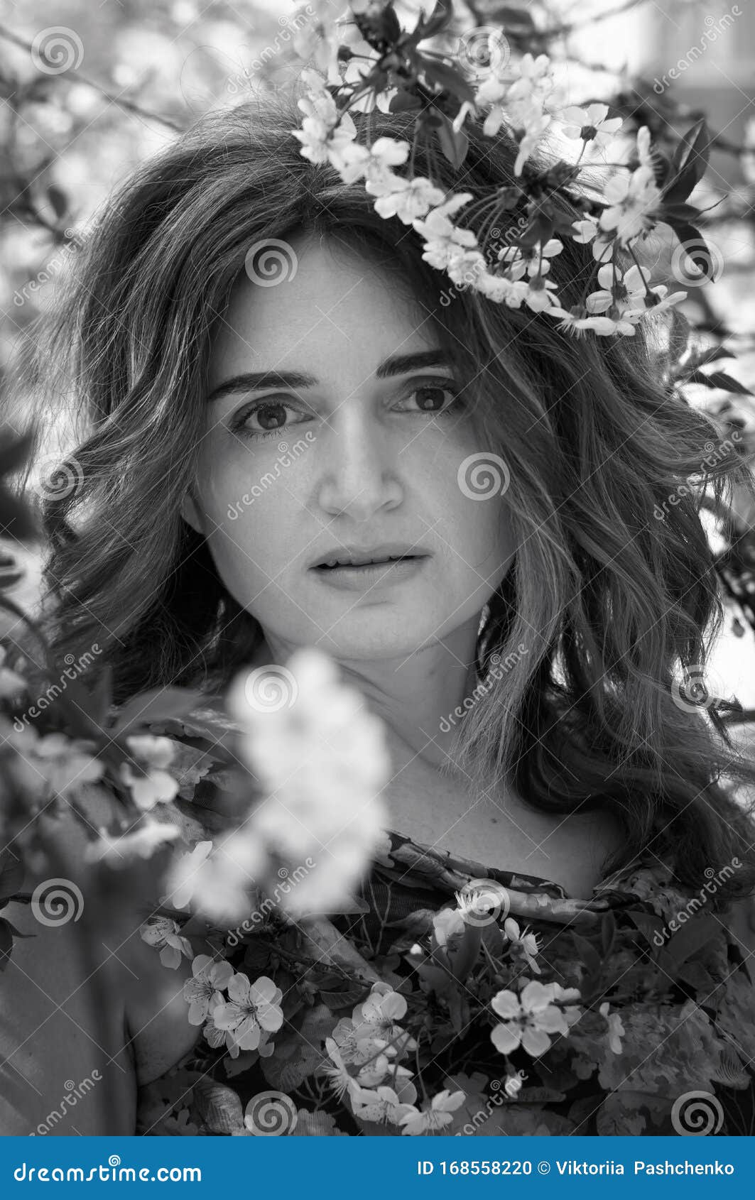 Black And White Portrait Of Beautiful Woman With Long Hair Looking At