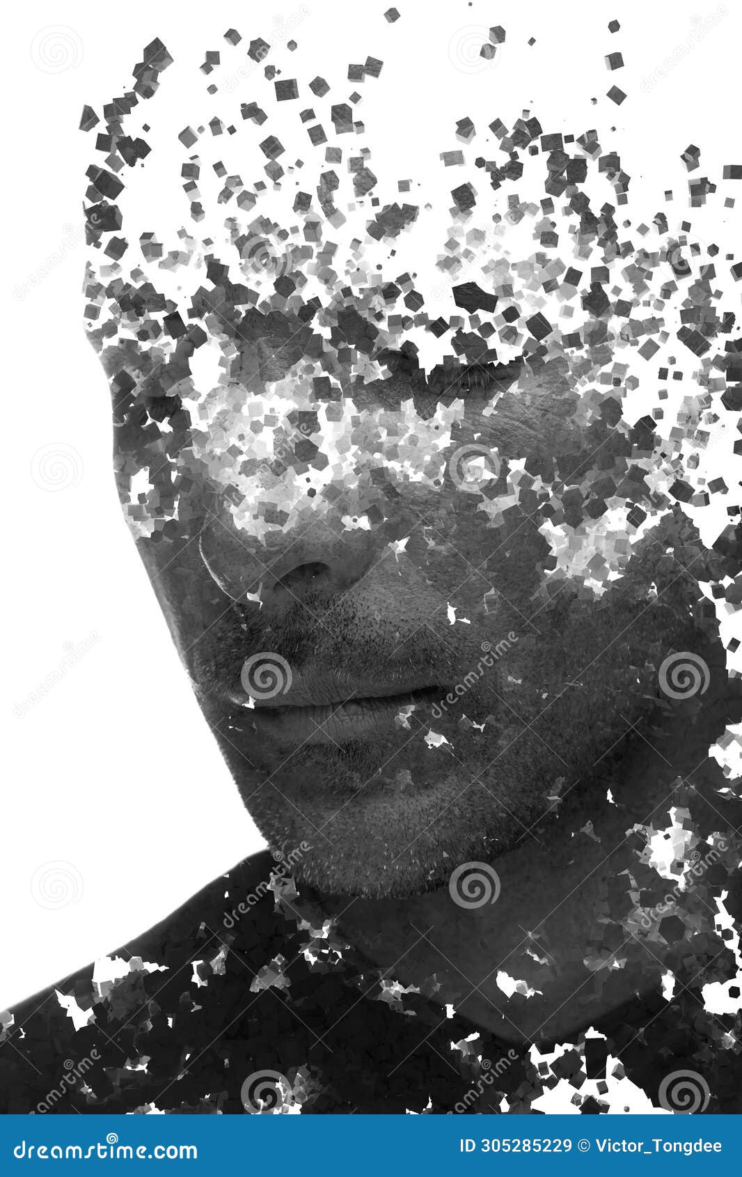 A Disappearing Black and White Double Exposure Male Portrait with 3D ...