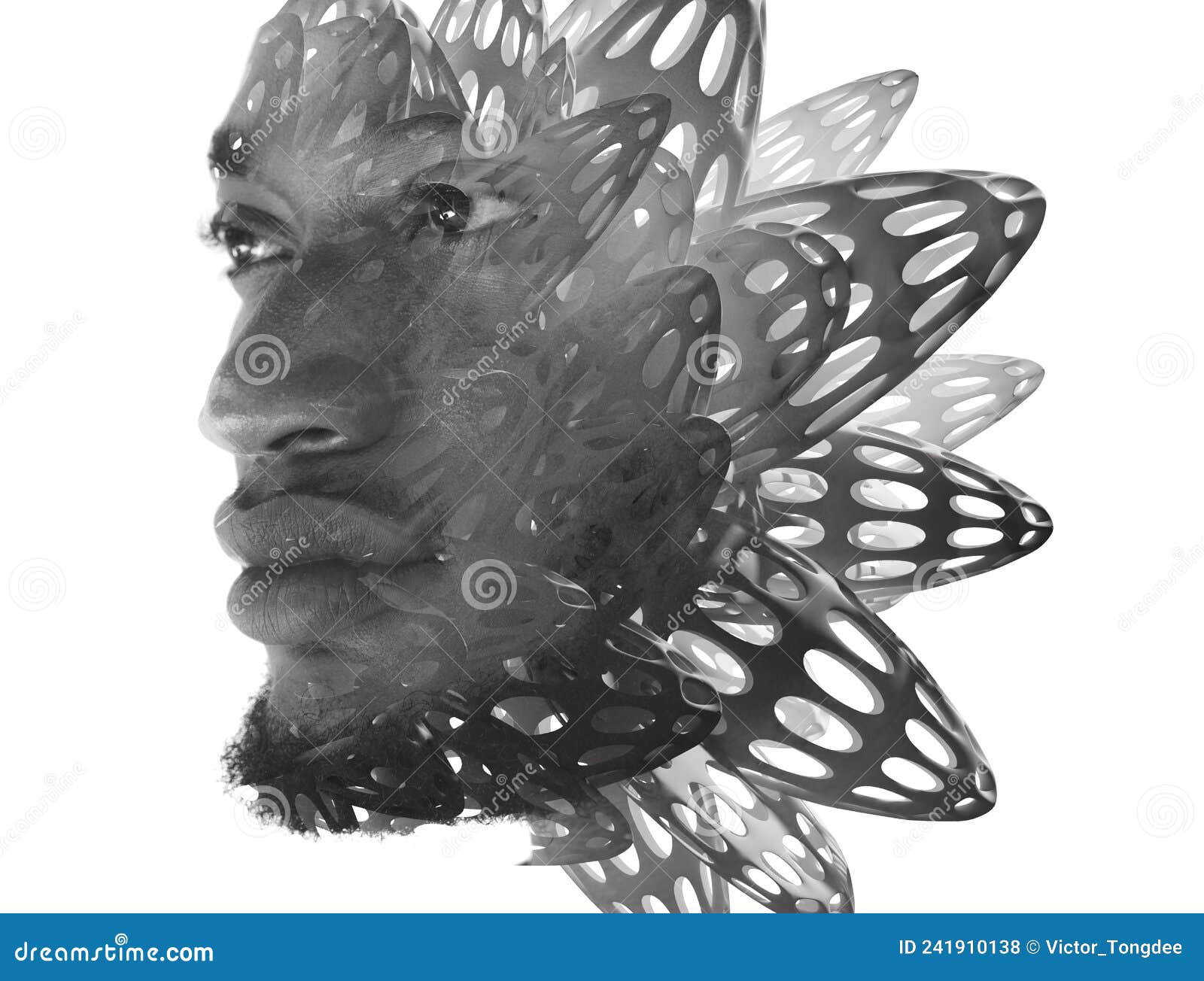 A Black and White Portrait of a Man Combined with Various 3D Figures ...
