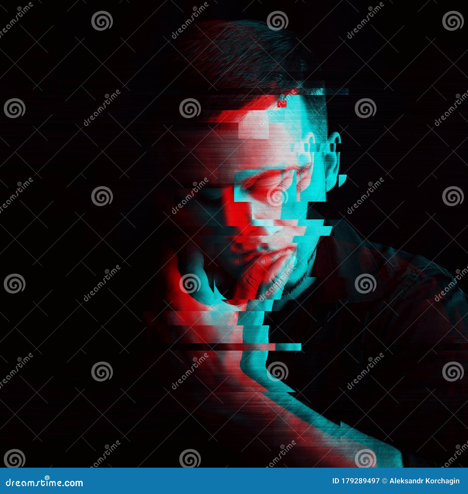 Black and White Portrait of a Man with a Glitch Effect Stock Image ...