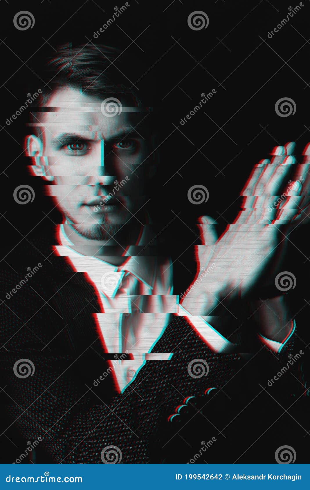 Black and White Portrait of a Man with Glitch Effect Stock Photo ...