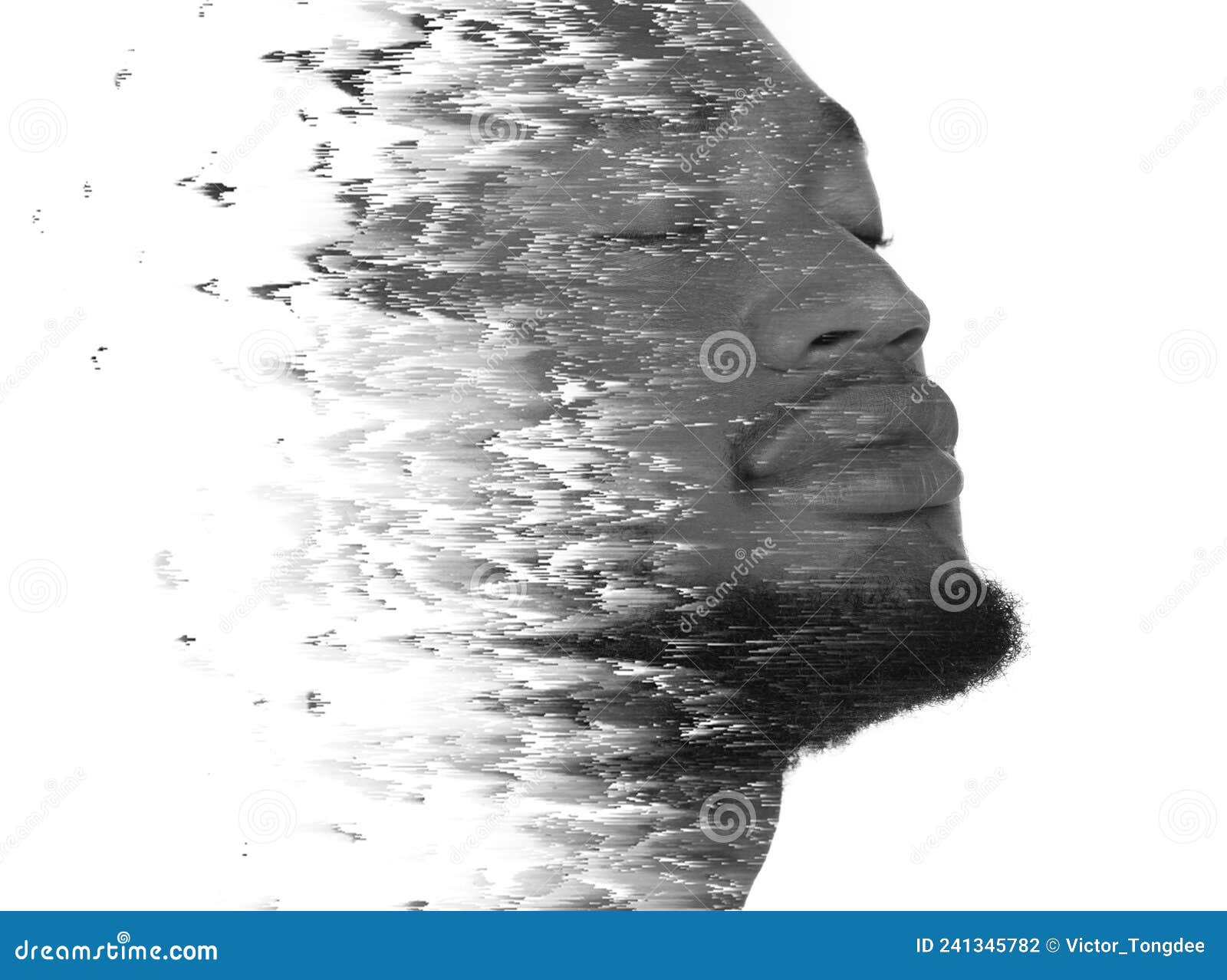 A Black and White Portrait of a Man with Visual Distortion. Double ...