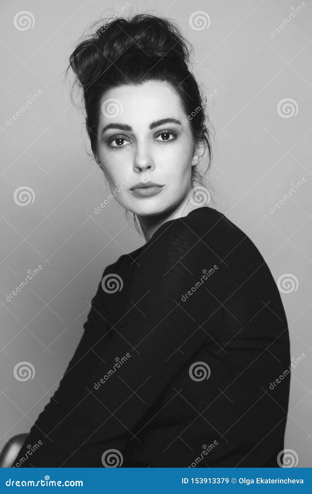 Black and White Portrait of Young Beautiful Woman with Fancy Hair Bun ... Black and White Portrait of Young Beautiful Woman with Fancy Hair Bun ...