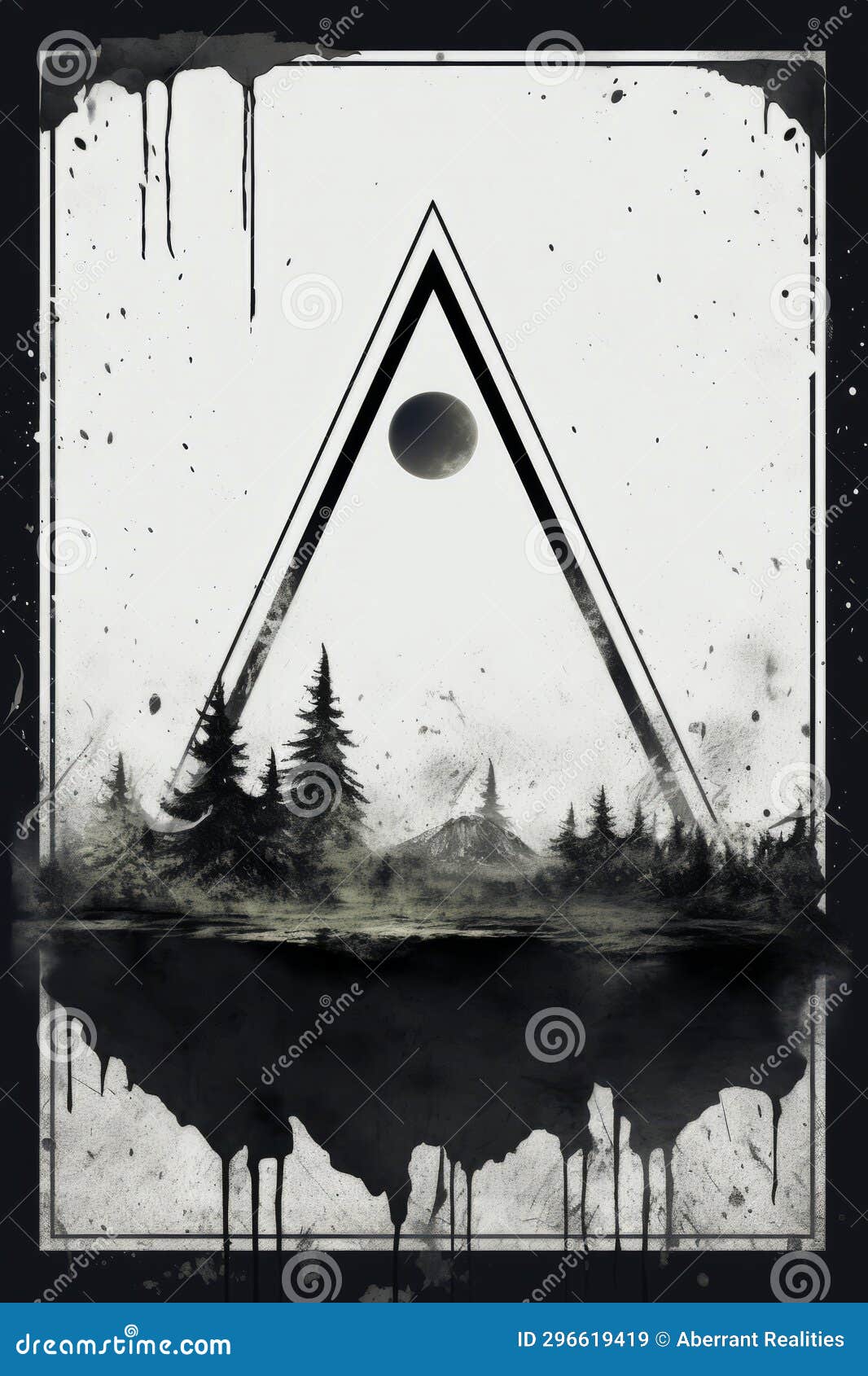 A Black and White Poster with a Triangle and Trees in the Background ...