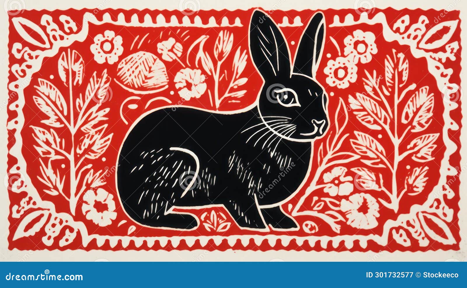 Black and White Rabbit Print in Floral Pattern on Red Background Stock ...