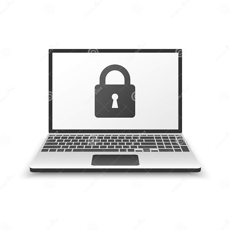 Black and White Realistic Laptop and Lock Icon Isolate on White ...
