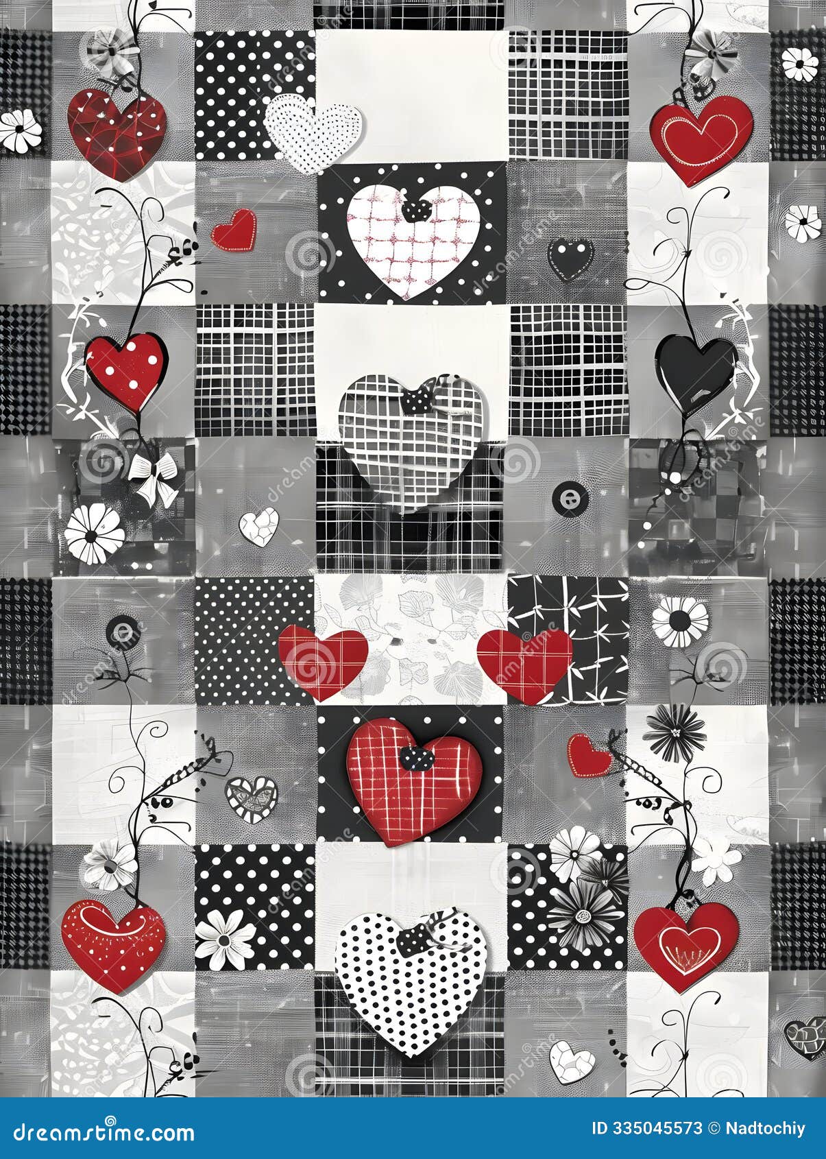Black, White and Red Hearts Patchwork Seamless Pattern Stock Image ...