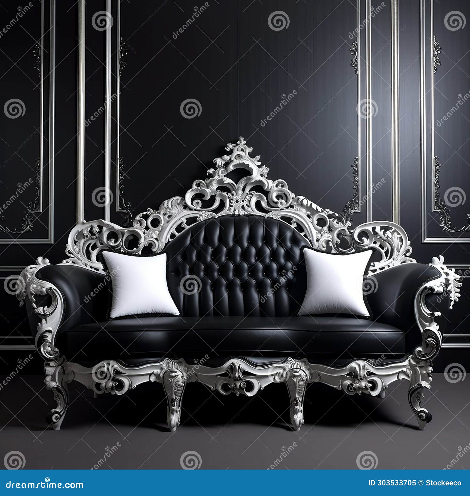 Minimal Rococo: Ornate Black Leather Sofa in a Whimsical Black and ...