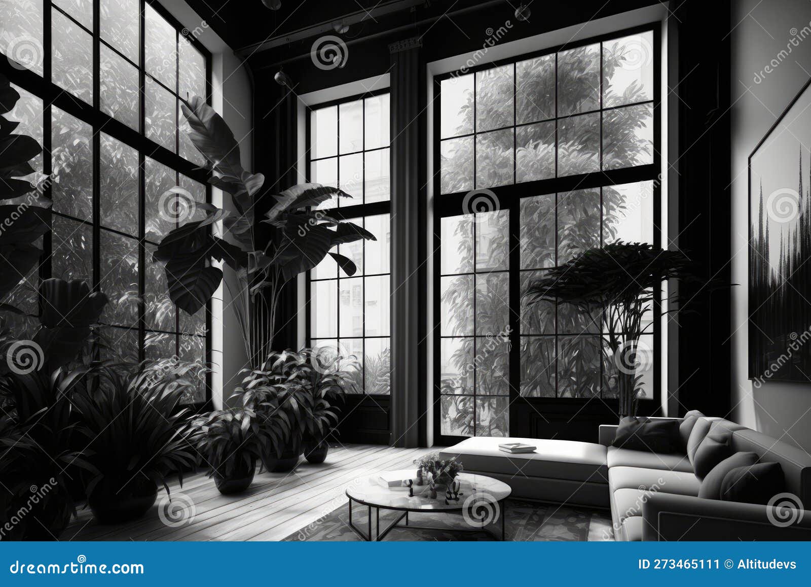 Black and White Room with Windows Jungle Interior Design Stock ...