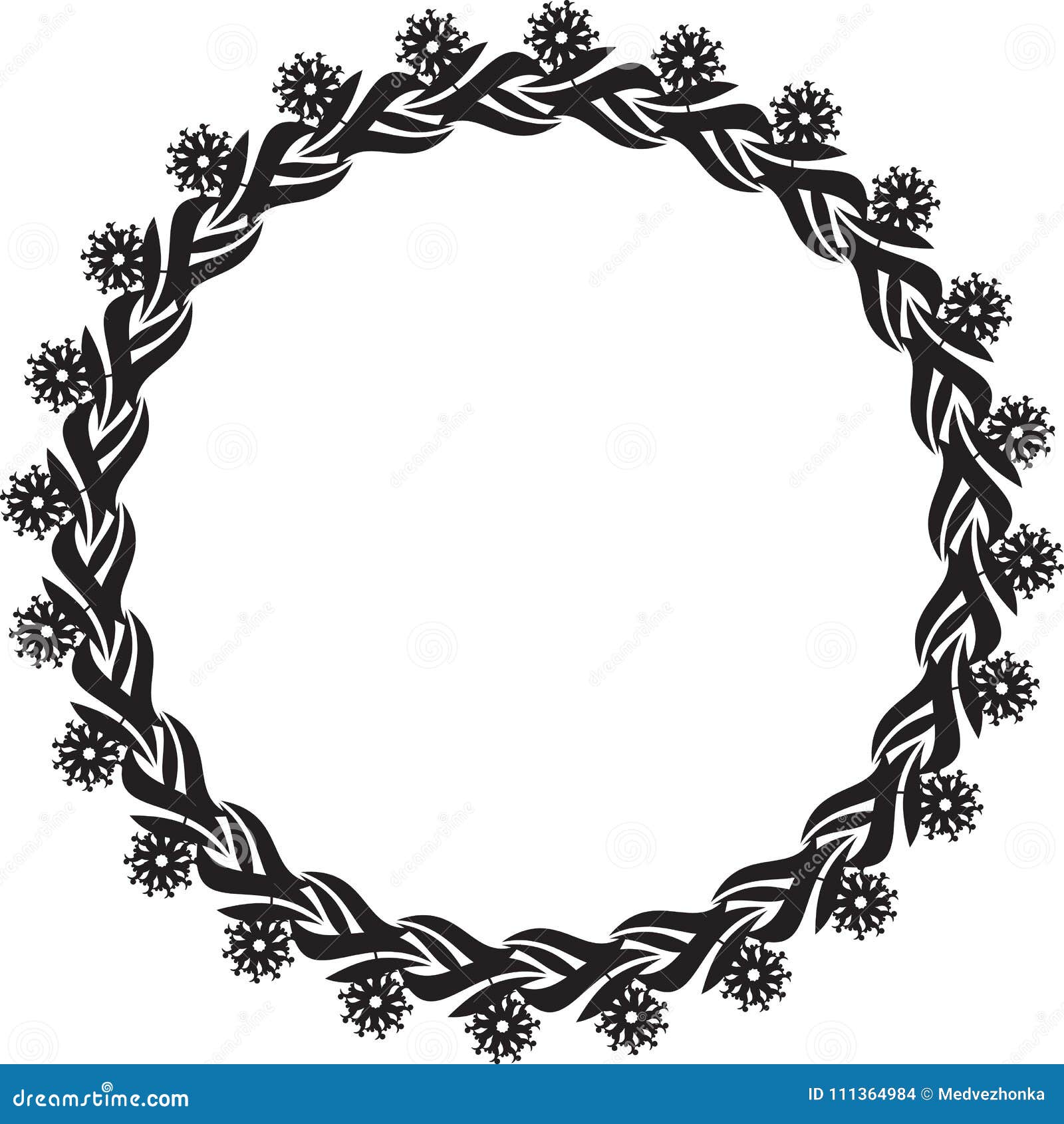 Black and White Round Frame with Floral Silhouettes. Stock Vector ...