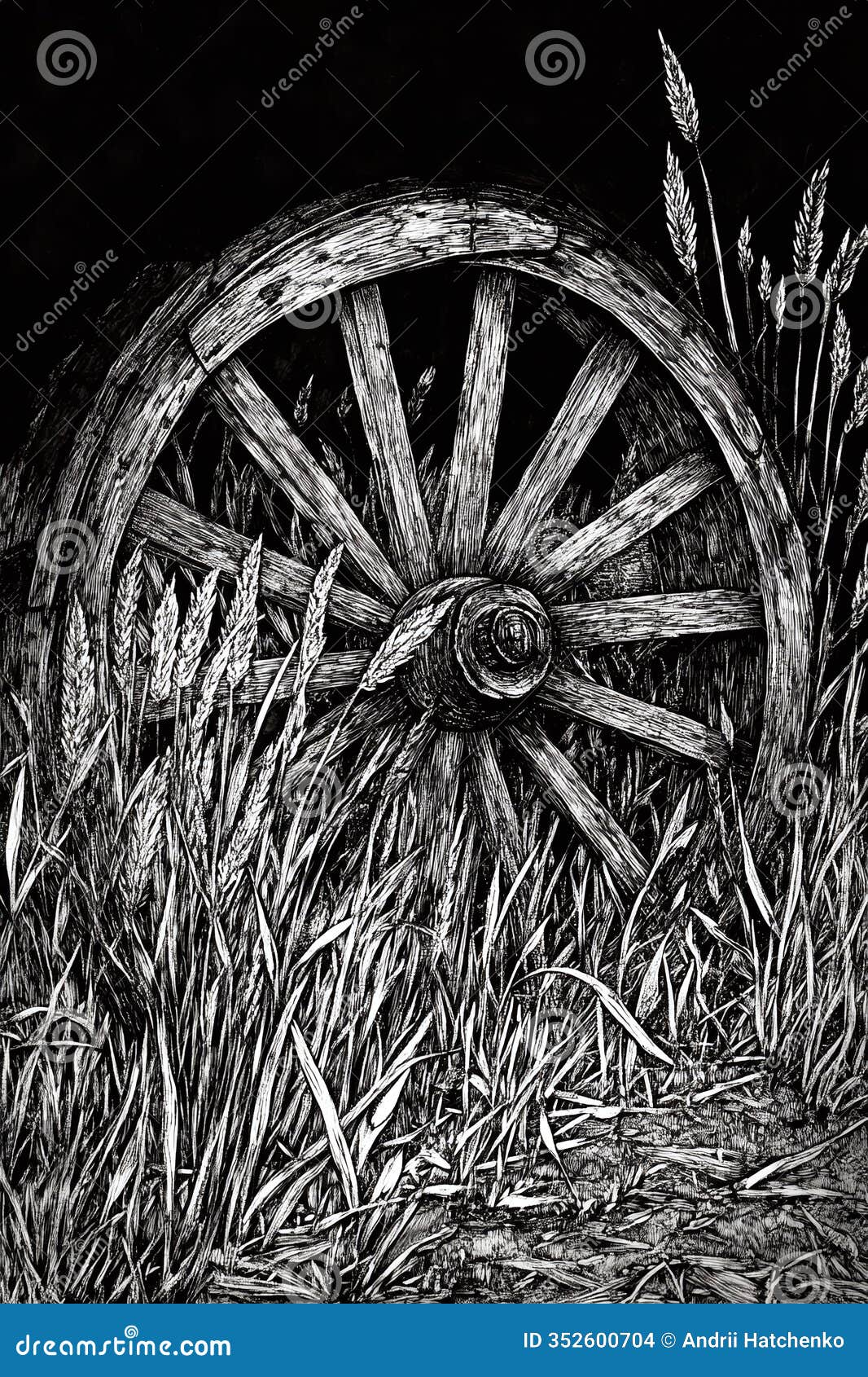 Black and White Scratch Engraving of a Rustic Wagon Wheel Surrounded by ...