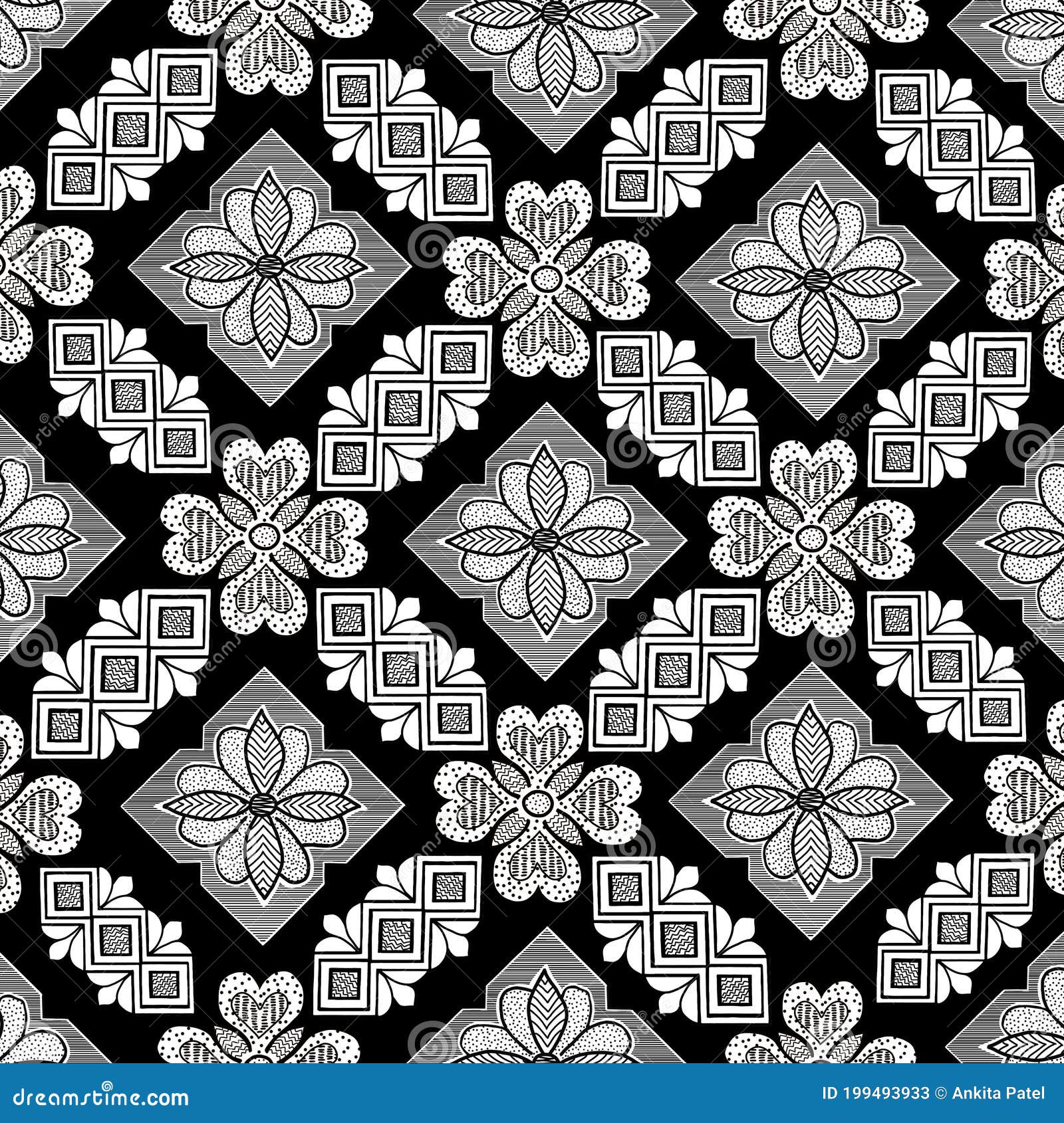 Black and White Seamless Floral Pattern Batik Design Stock Illustration ...