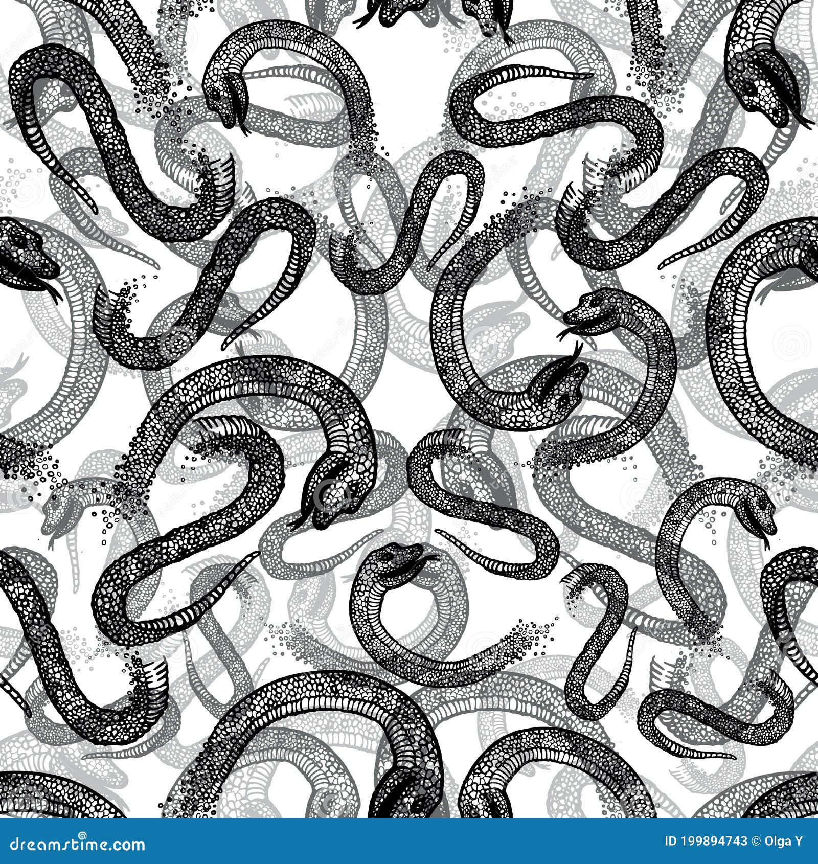 Seamless Hand Drawn Pattern with Black Snakes on White Background ...