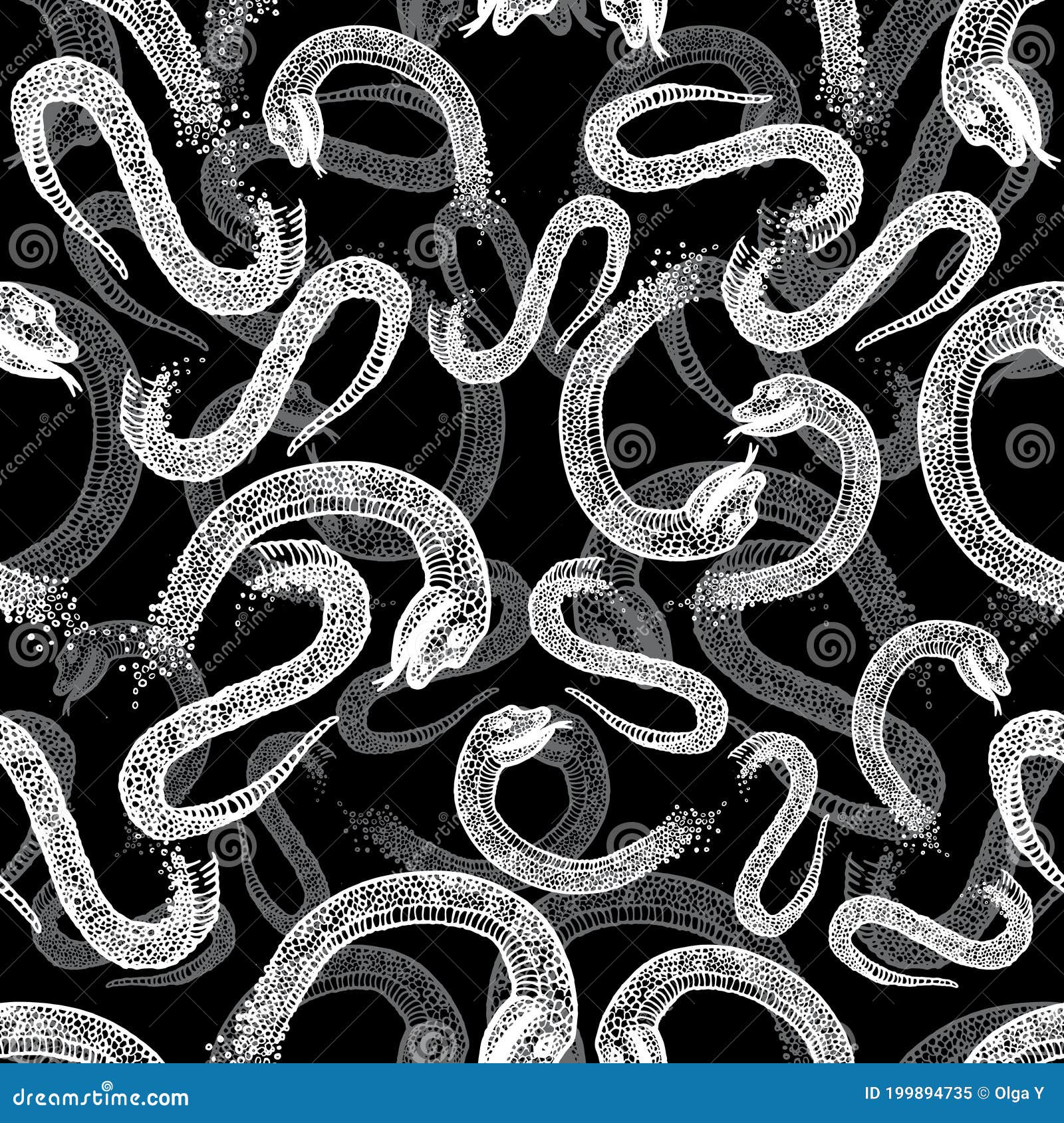 Seamless Hand Drawn Pattern with White Snakes on Black Background ...