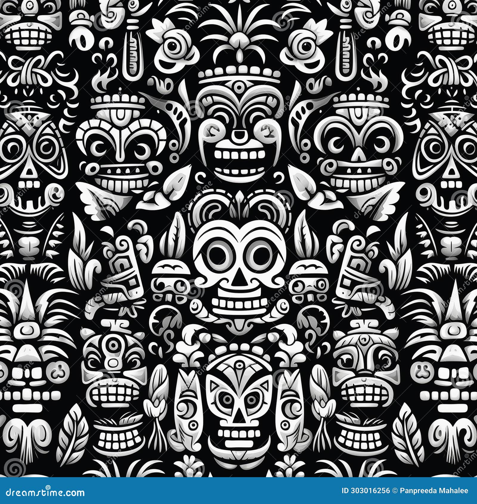 Black and White Seamless Luau Tiki Pattern for Background. Stock ...