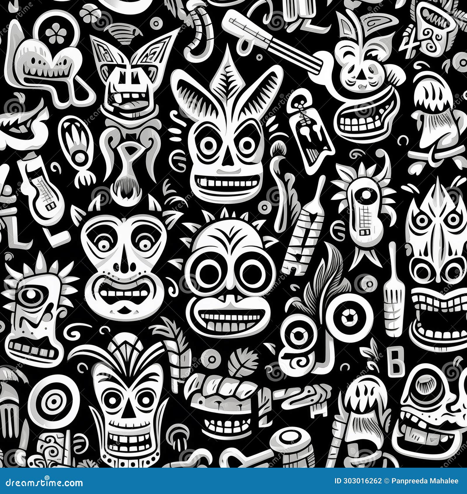 Black and White Seamless Luau Tiki Pattern for Background. Stock ...