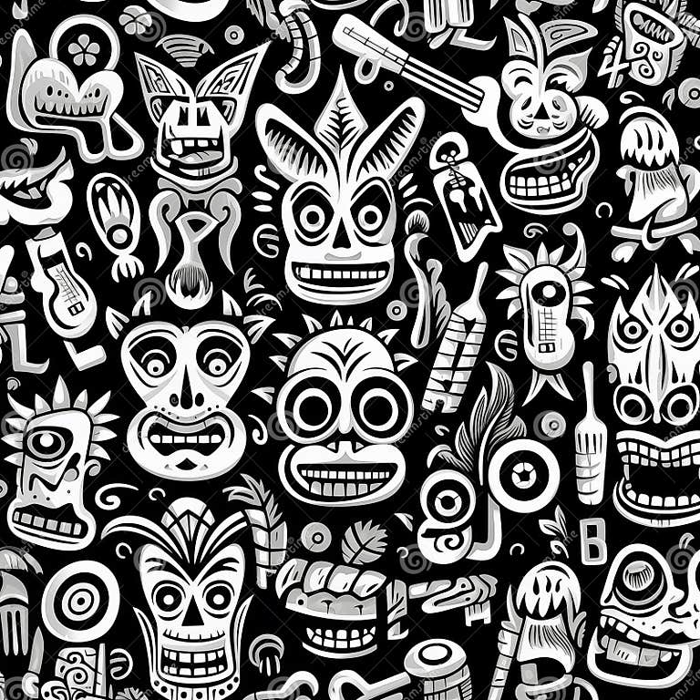 Black and White Seamless Luau Tiki Pattern for Background. Stock ...