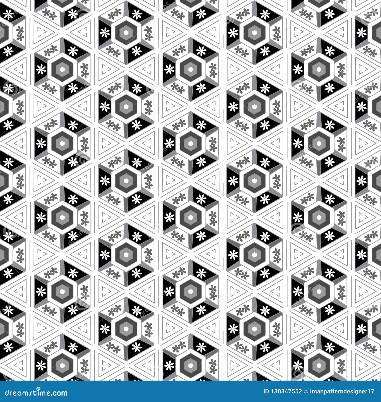 Black and White Seamless Modern Hexagons Pattern with Floral Elements ...