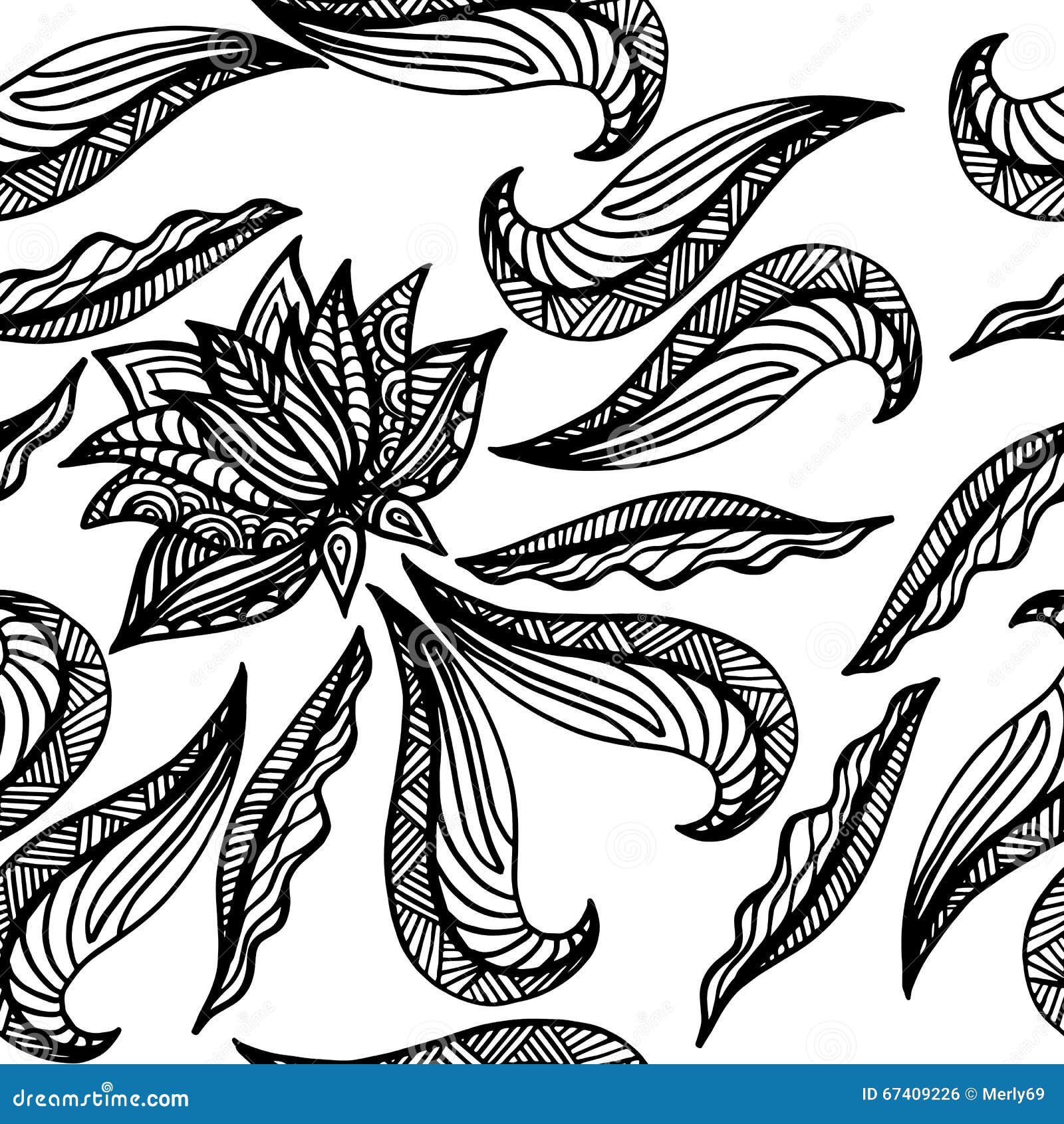 Black White Seamless Pattern with Lotus. Boho Style Elements. Vector ...